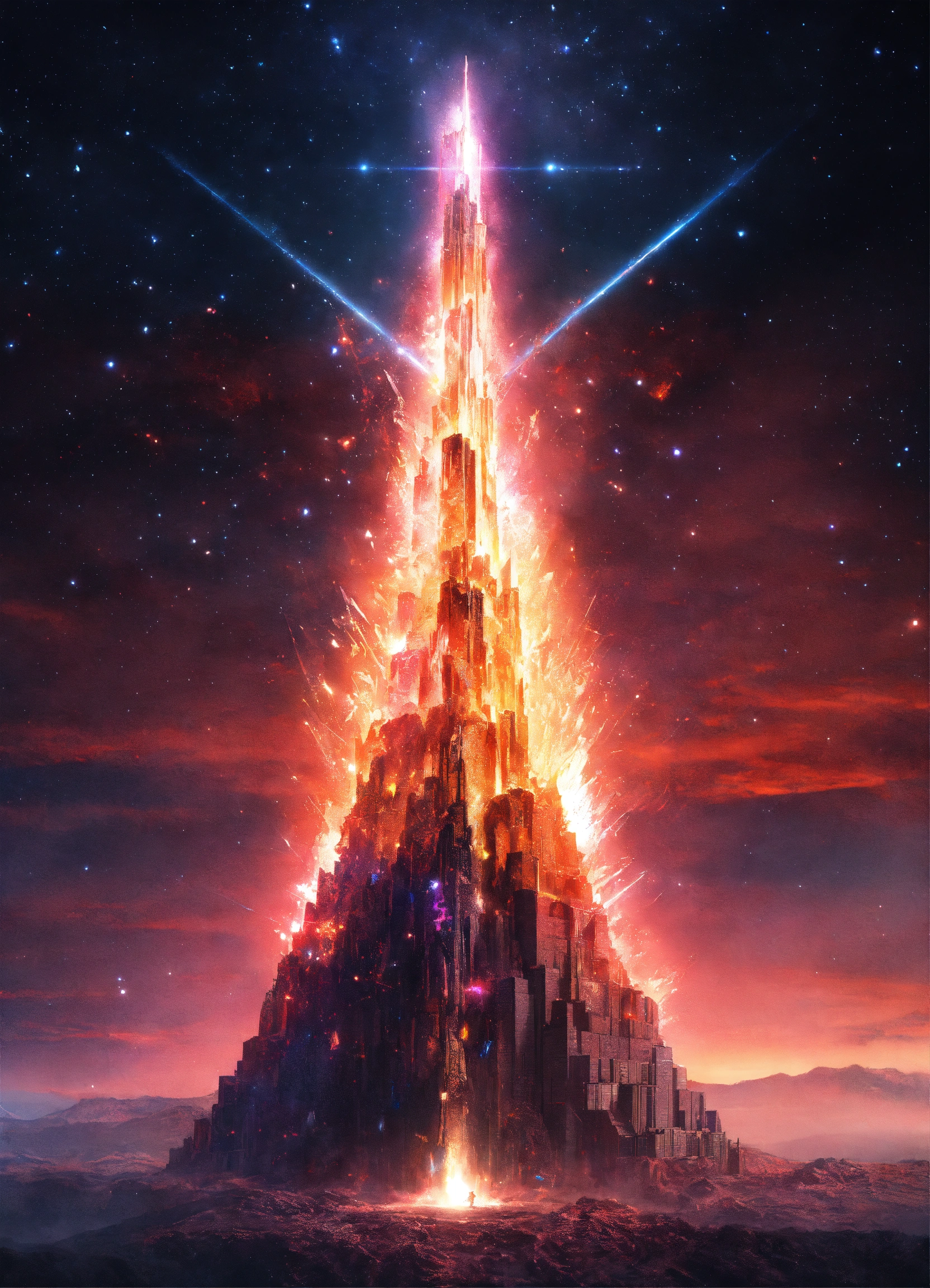 Lexica - A crystal tower being shattered by a lazer beam from space