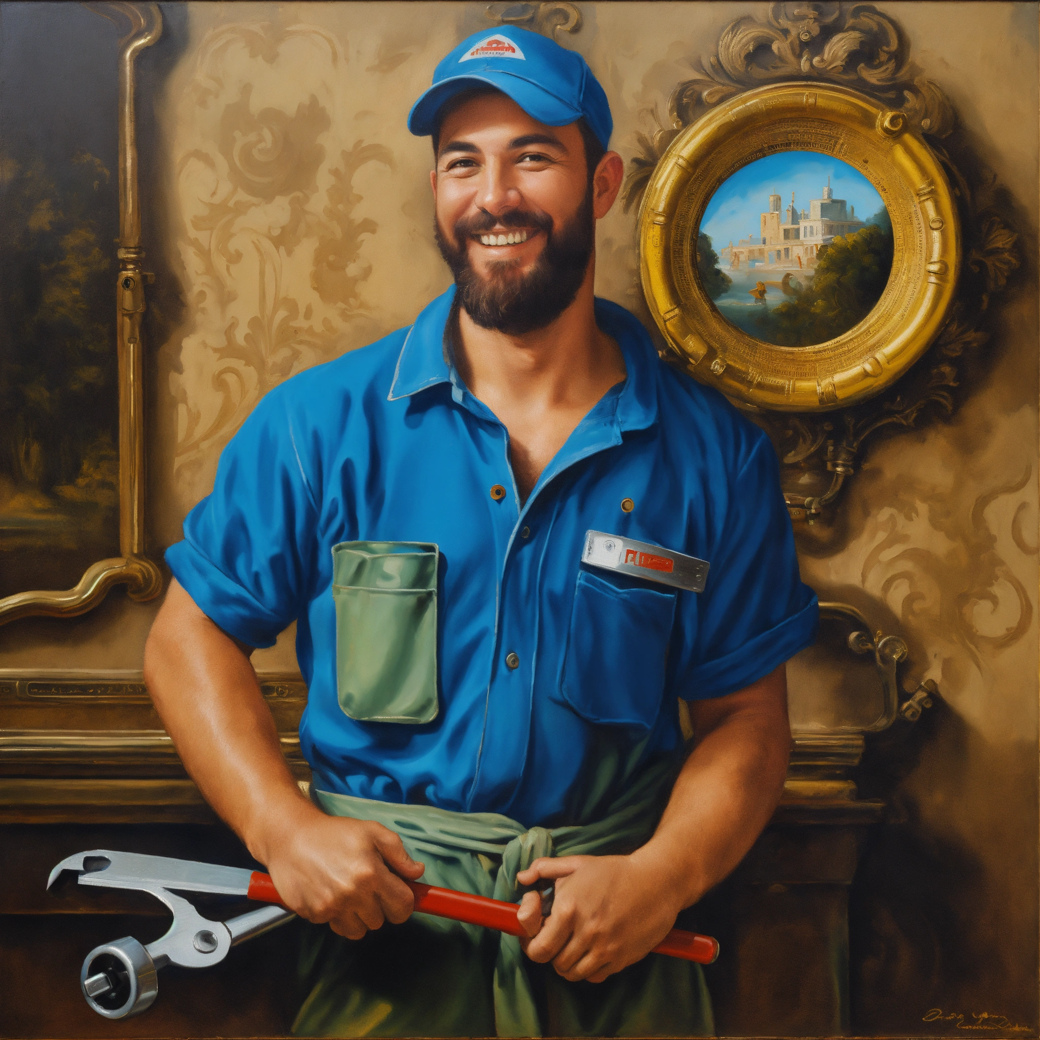 Lexica - Plumber with a wrench smiling and talking to satisfied clients ...