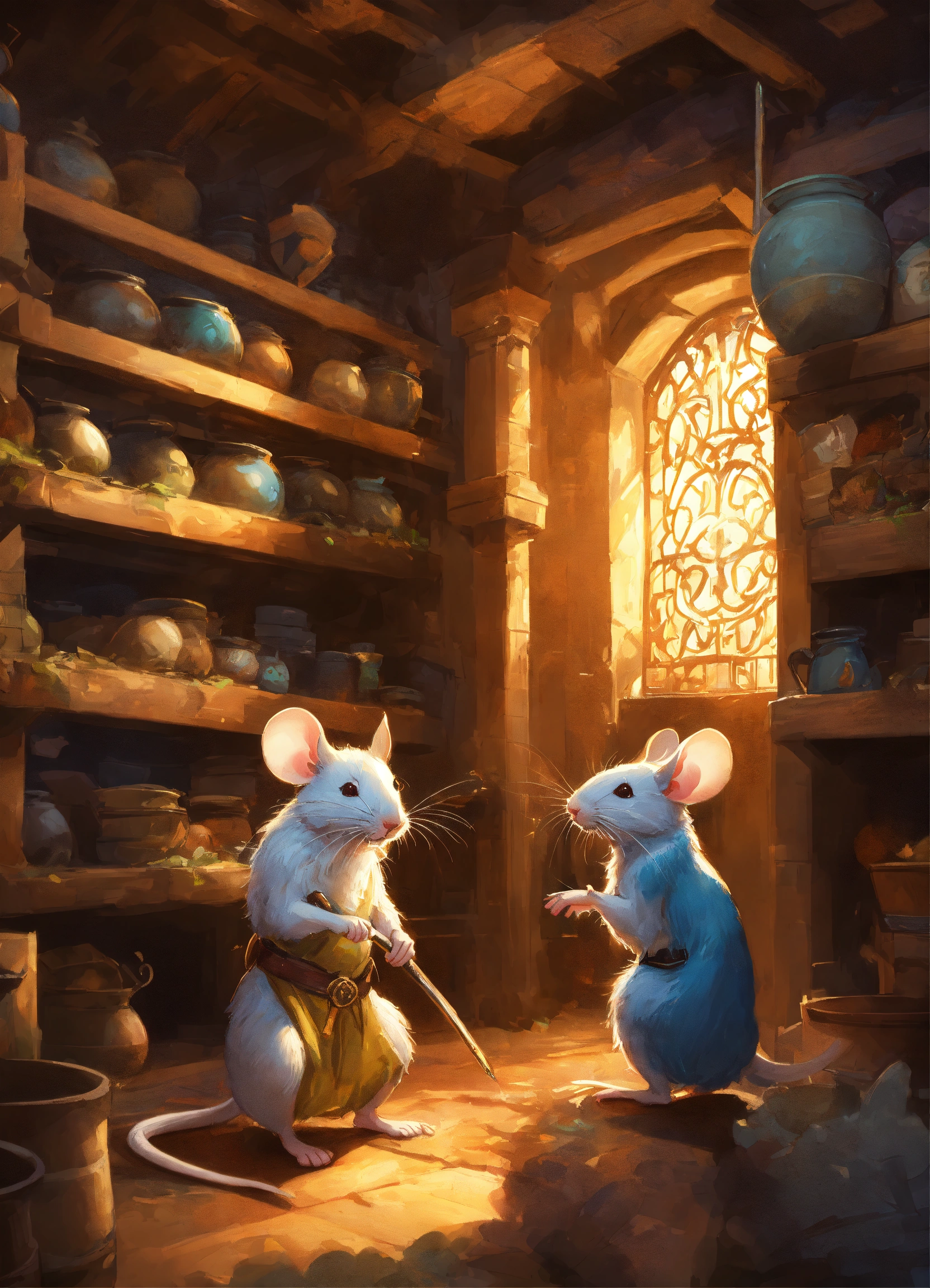 Lexica - 2 large mice dominating the image in a medieval storeroom , d ...