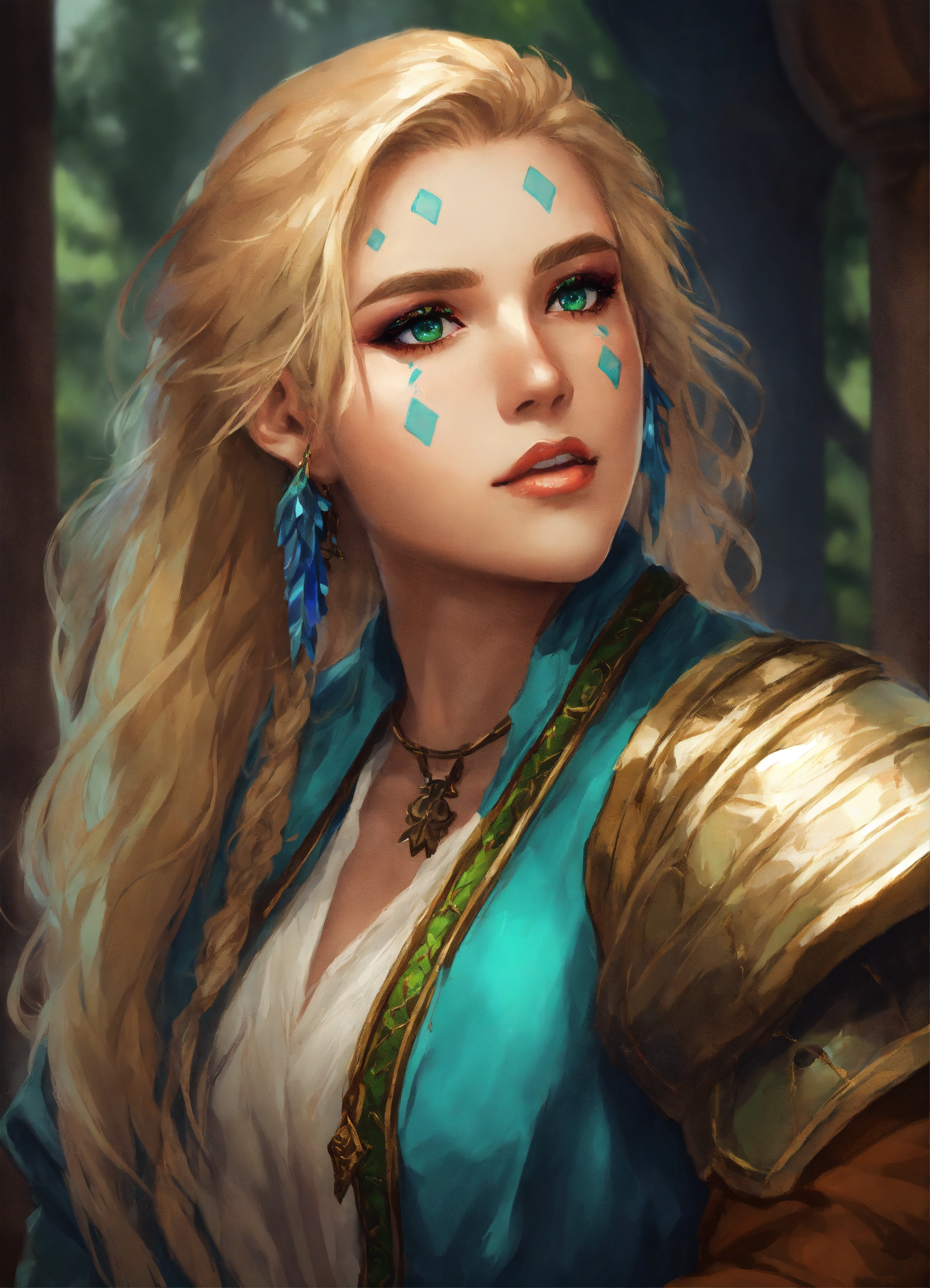 Lexica - Androgynous dwarf bard, long blond hair, blue makeup, brown ...
