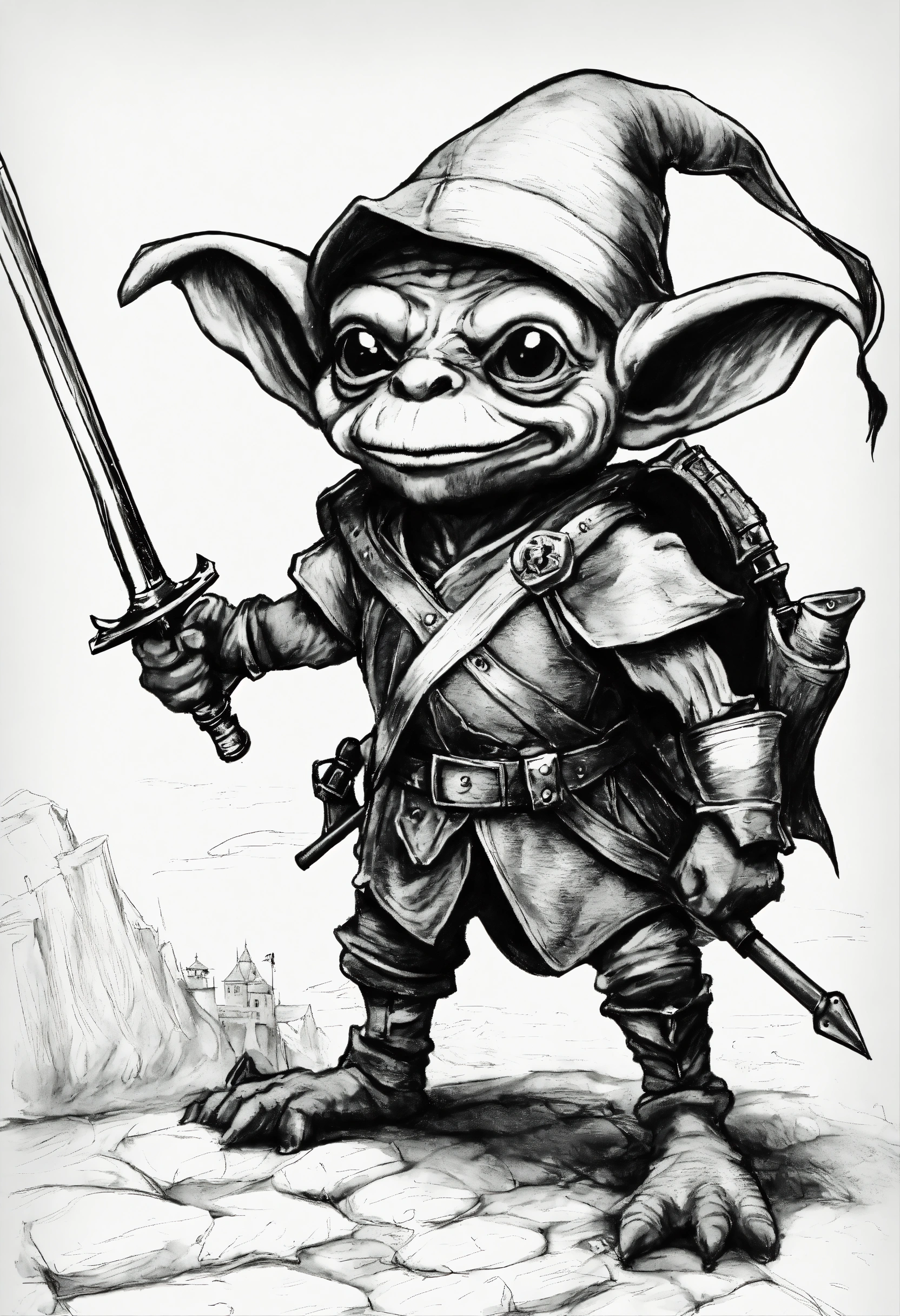 Lexica - Draw a funny goblin with a sword in hand and a flag in the ...