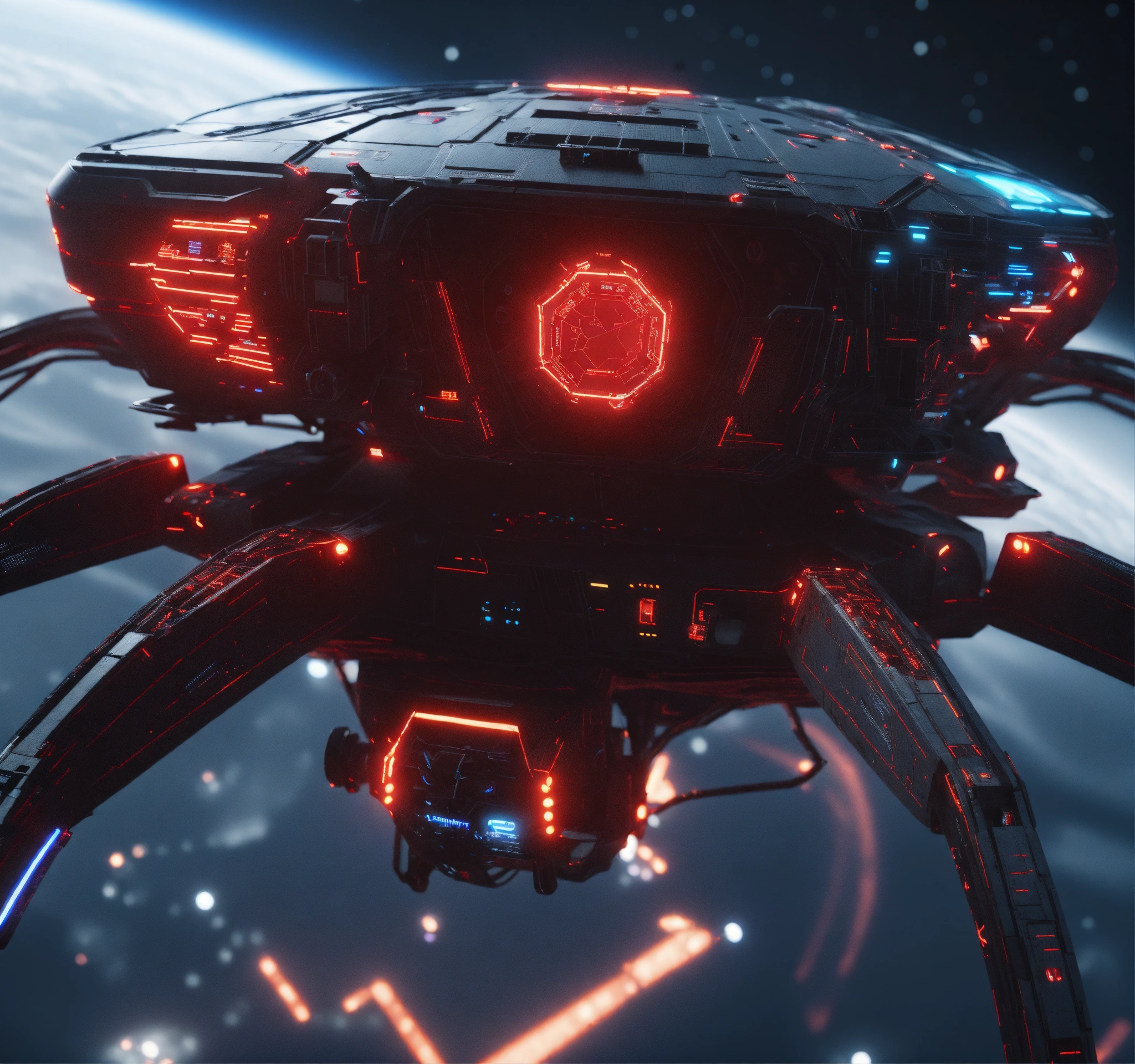 Lexica - Zoom out on a extra long black robotic black widow spider ...