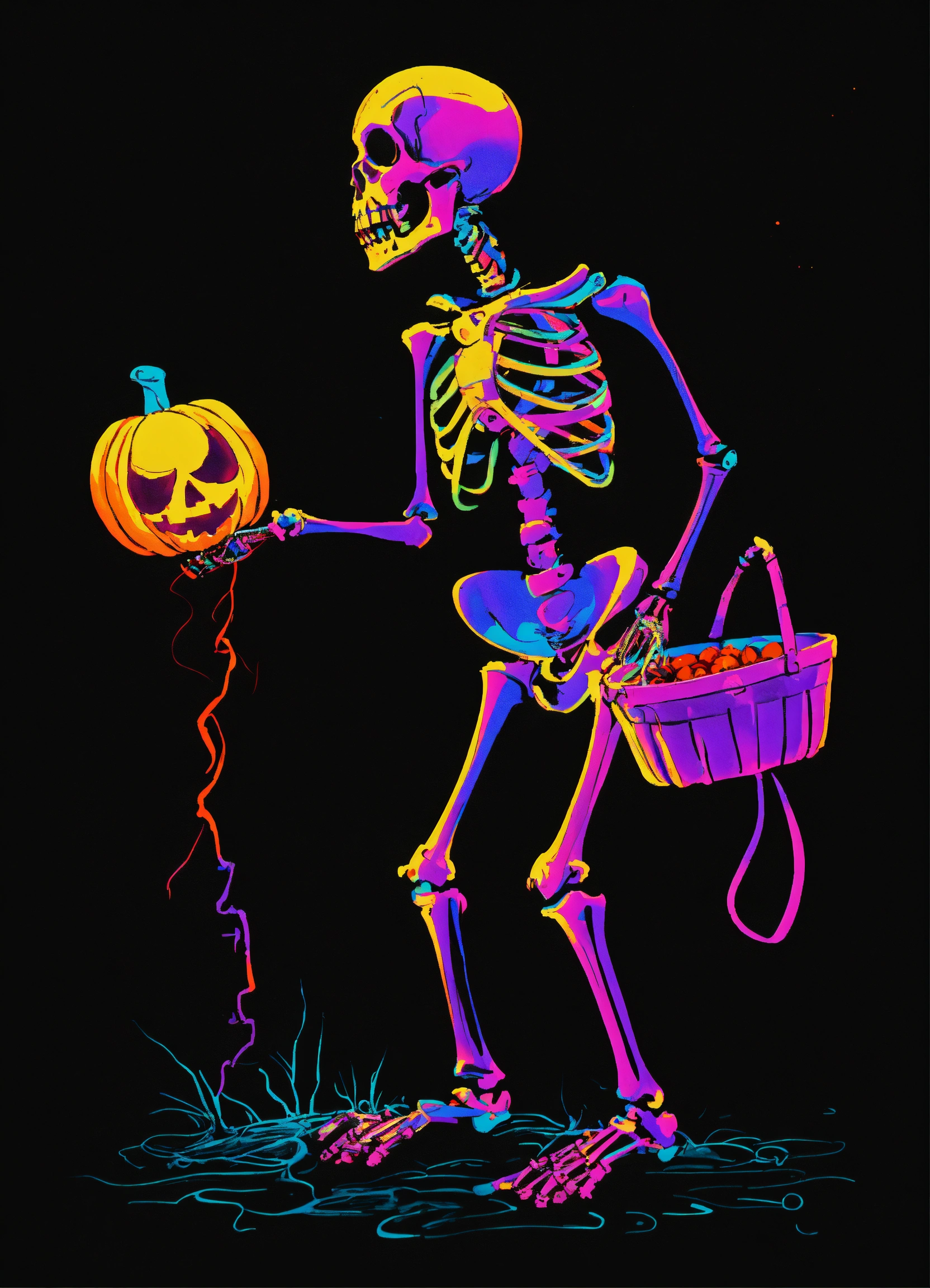 Lexica - Skeleton trick or treating, neon colors, dark black background ...