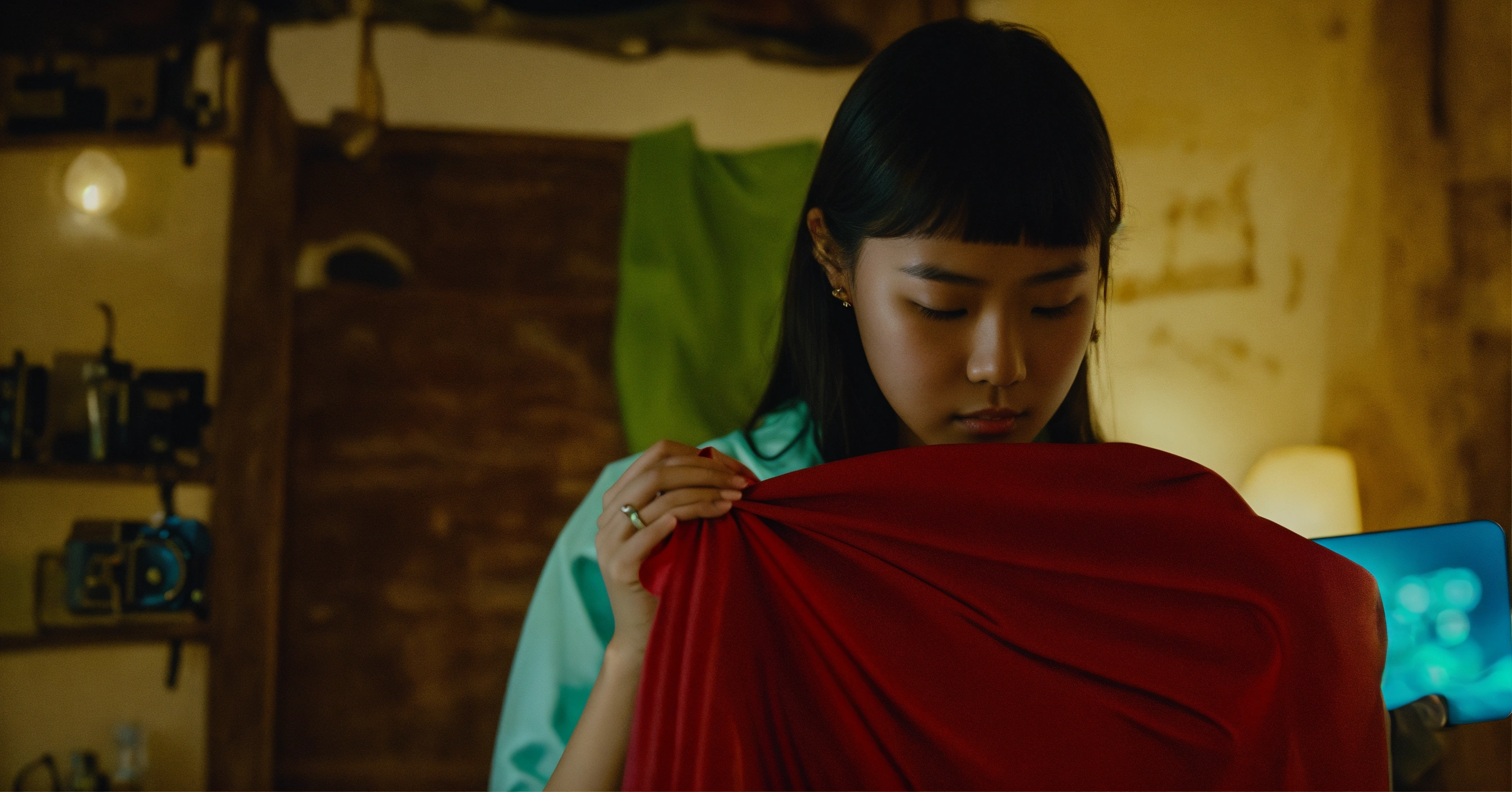 Lexica - A girl take off a black cloth from a device, front camera shot