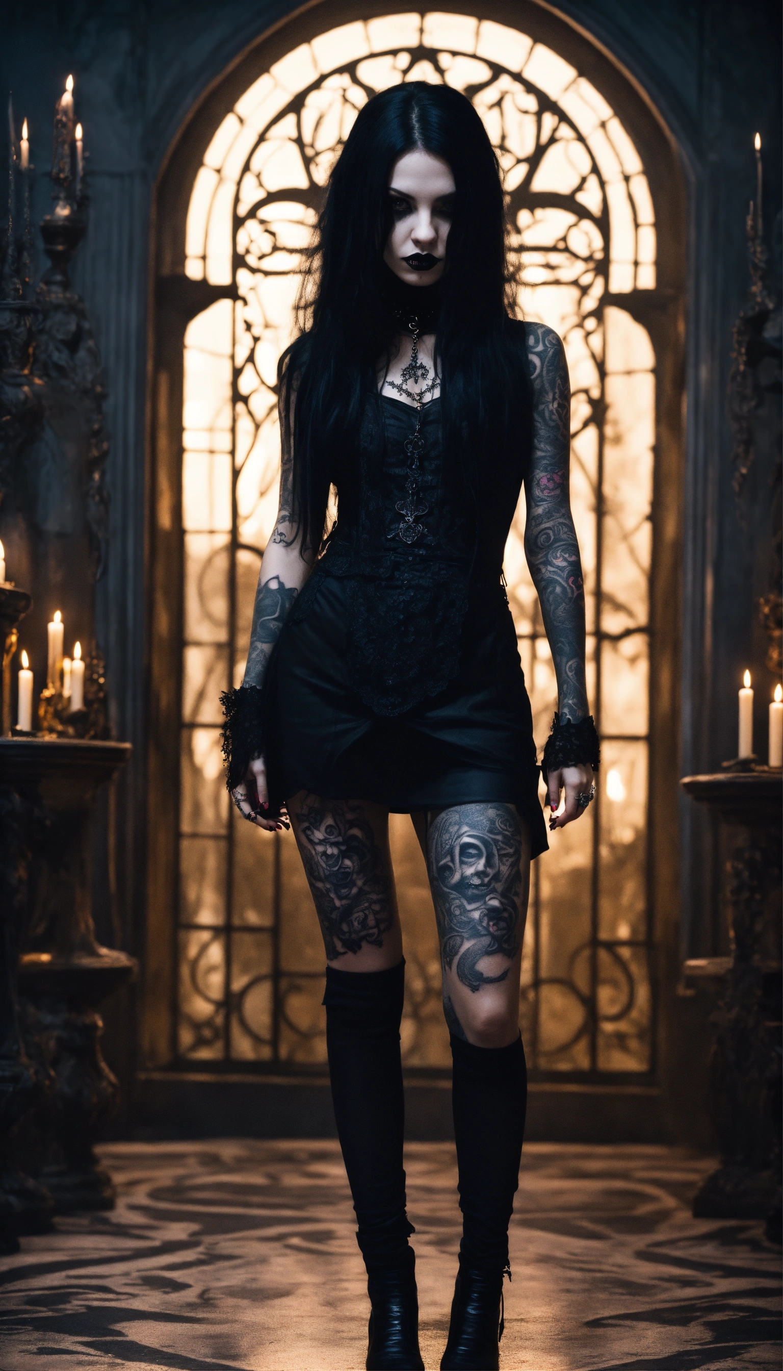 Lexica - A scary girl, full body, pale skin, long crazy black hair ...