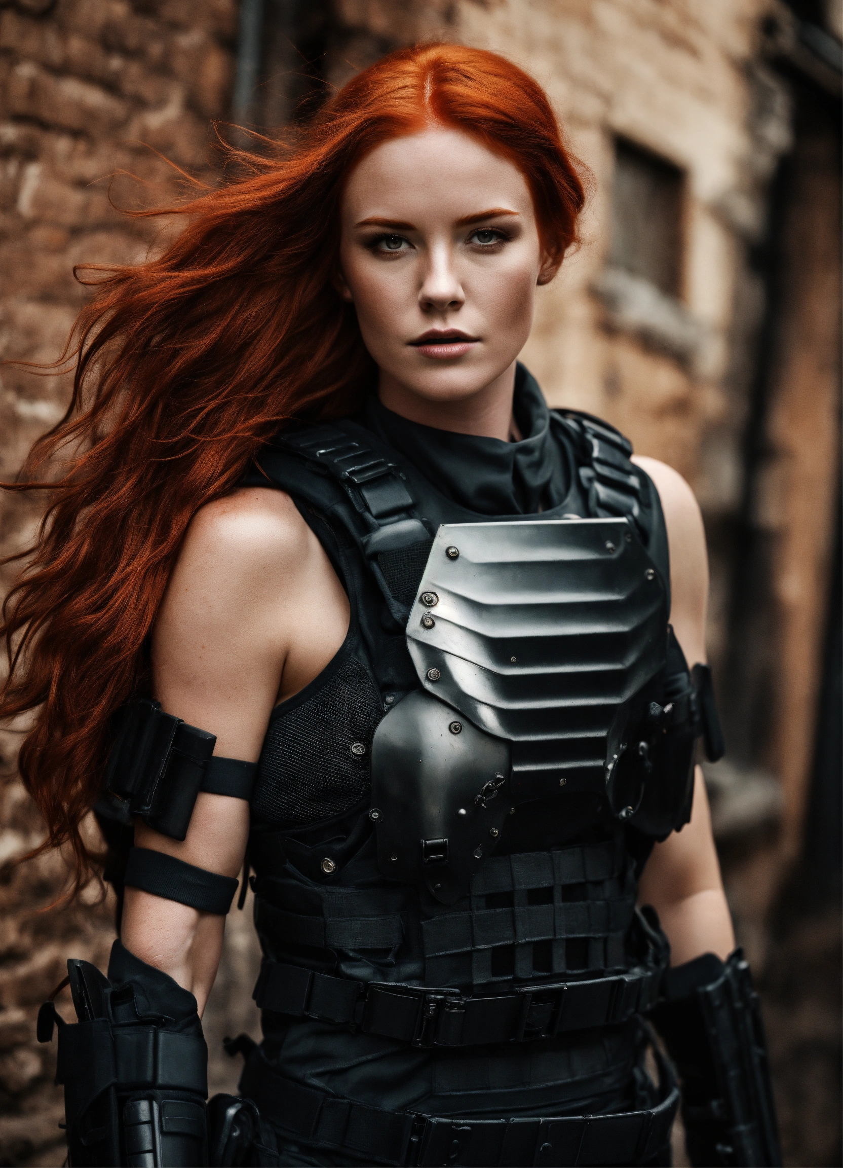 Lexica - Female athletic red hair model wearing black metal military ...