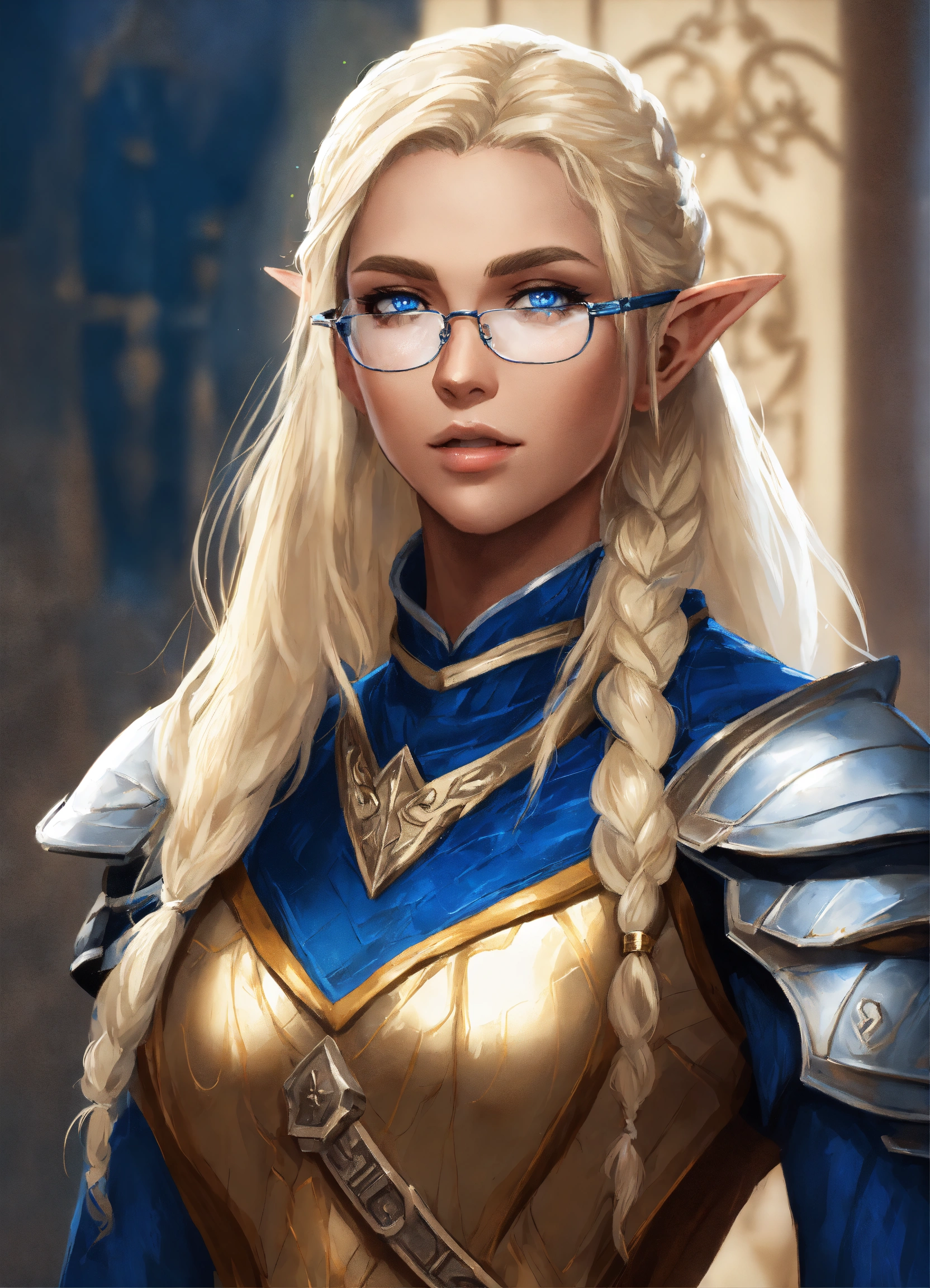Lexica - A half-elf female with very tanned skin, wearing glasses with ...