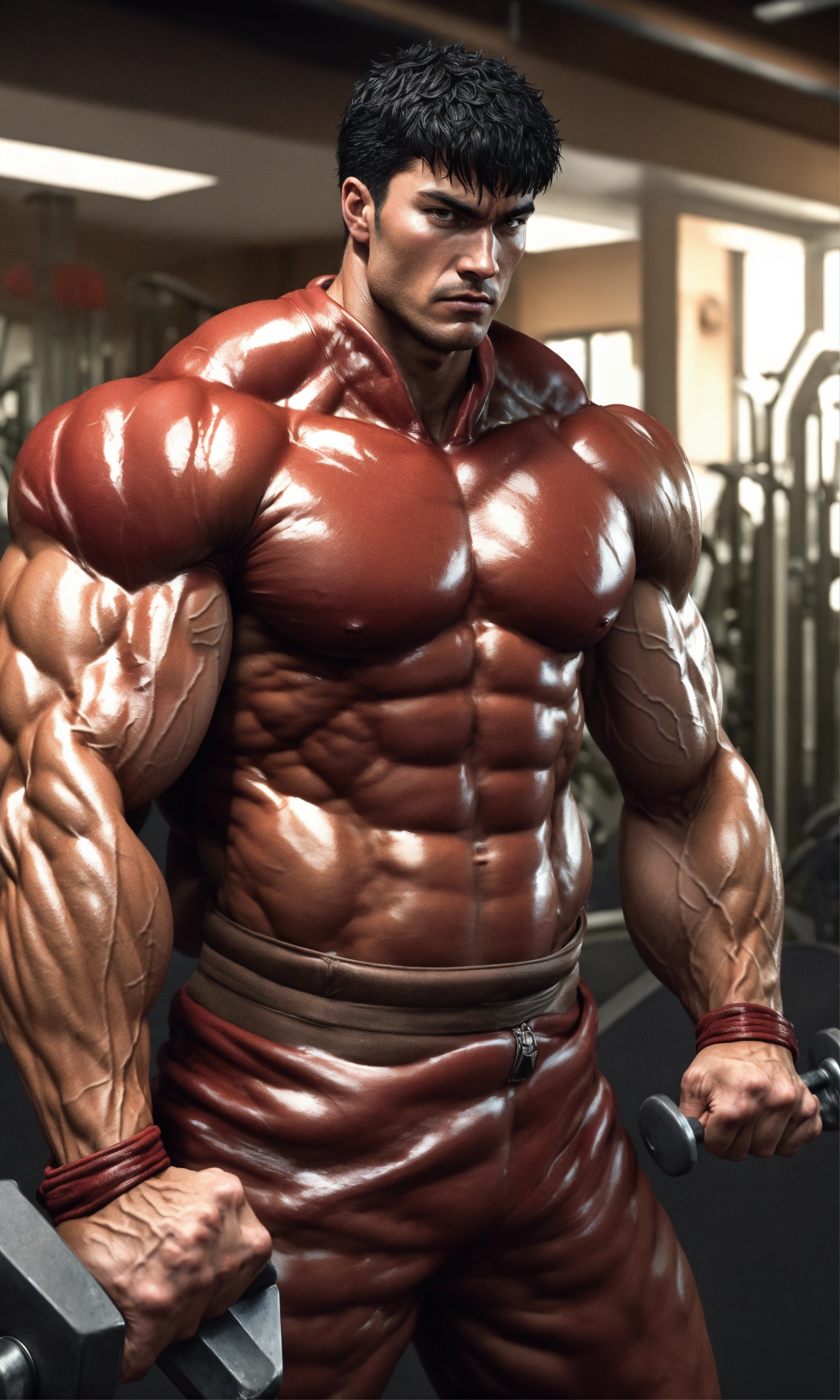 Lexica - Guts from berserk, muscular, in a fitness gym, muted palette ...
