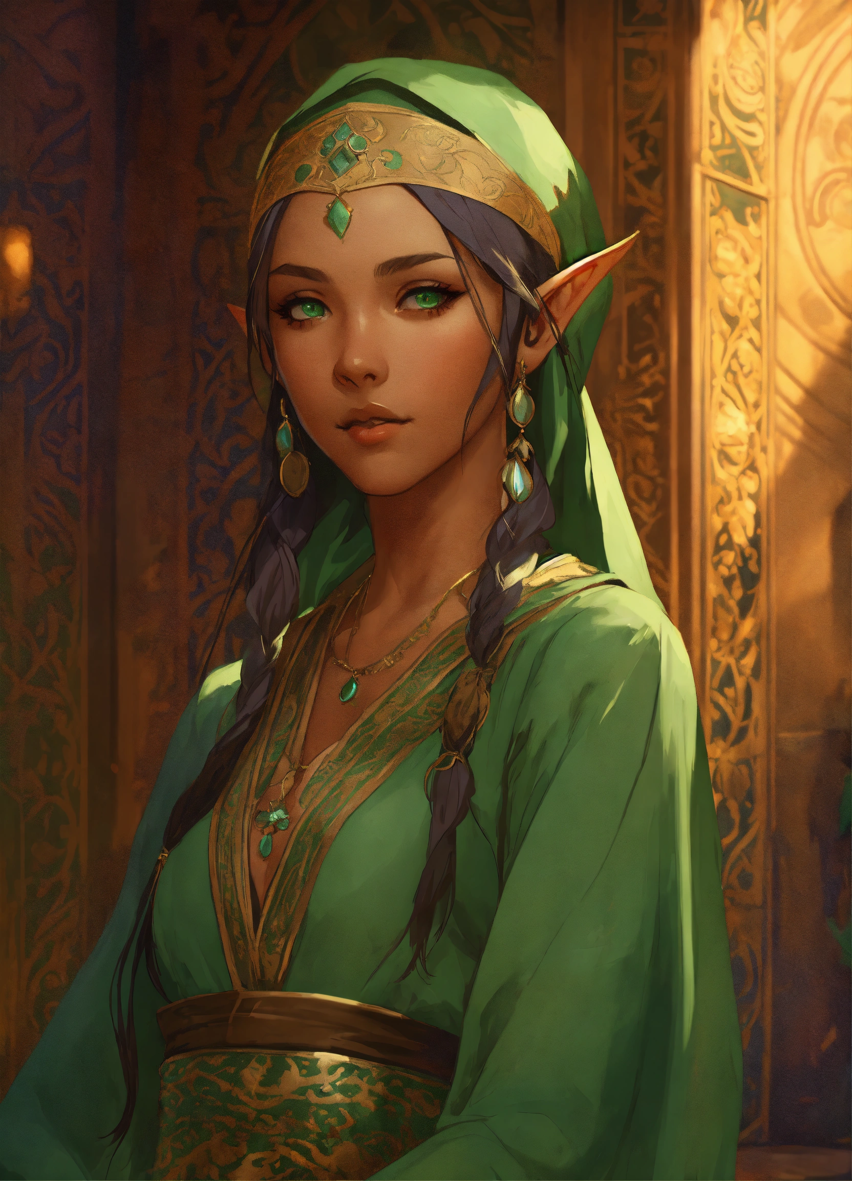 Lexica - Female elf timurid sorcerer, Turkish, green eyes, tan skin ...