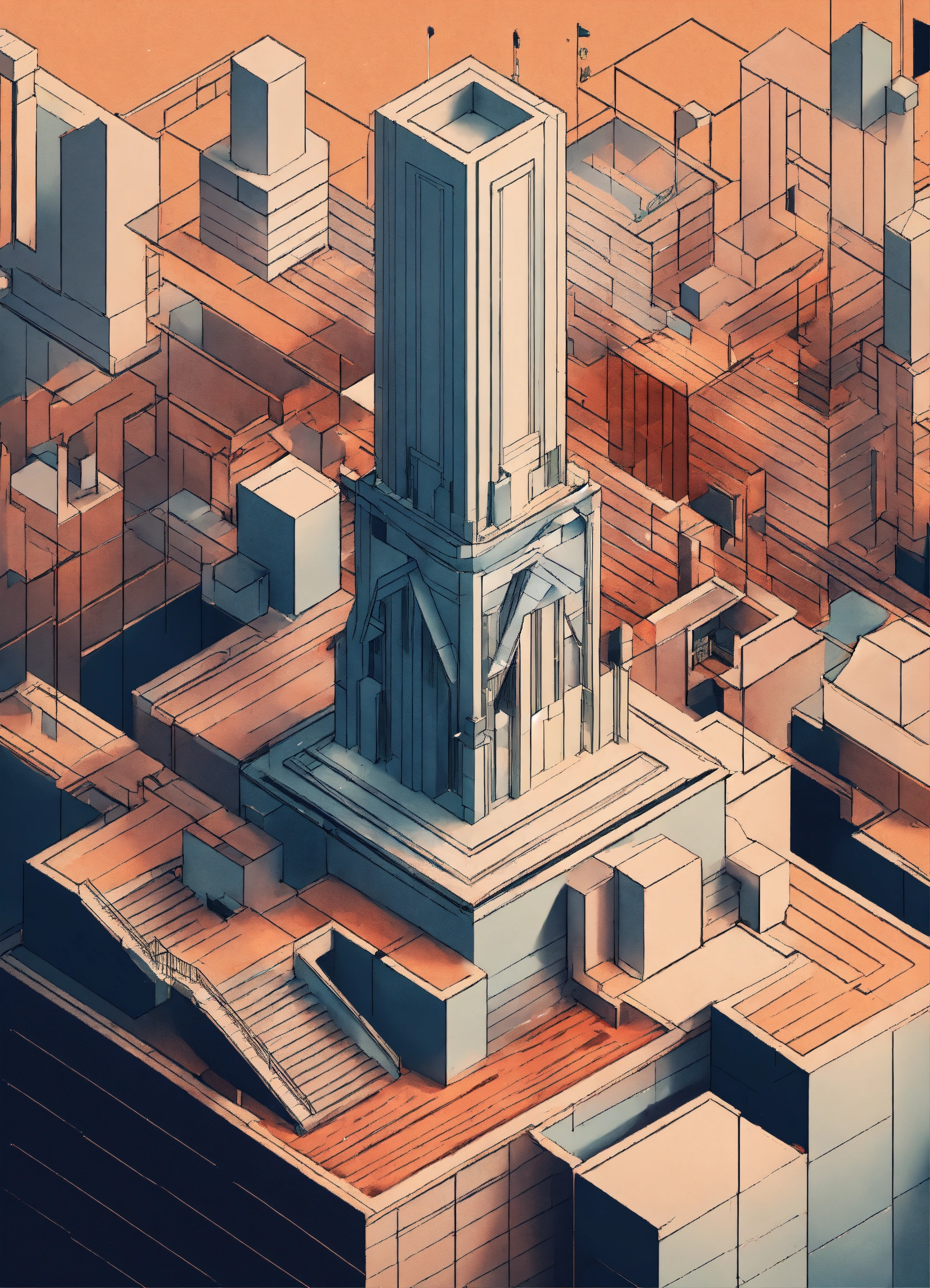Lexica - Monument Valley style, axonometric view, staircase, cube, city ...