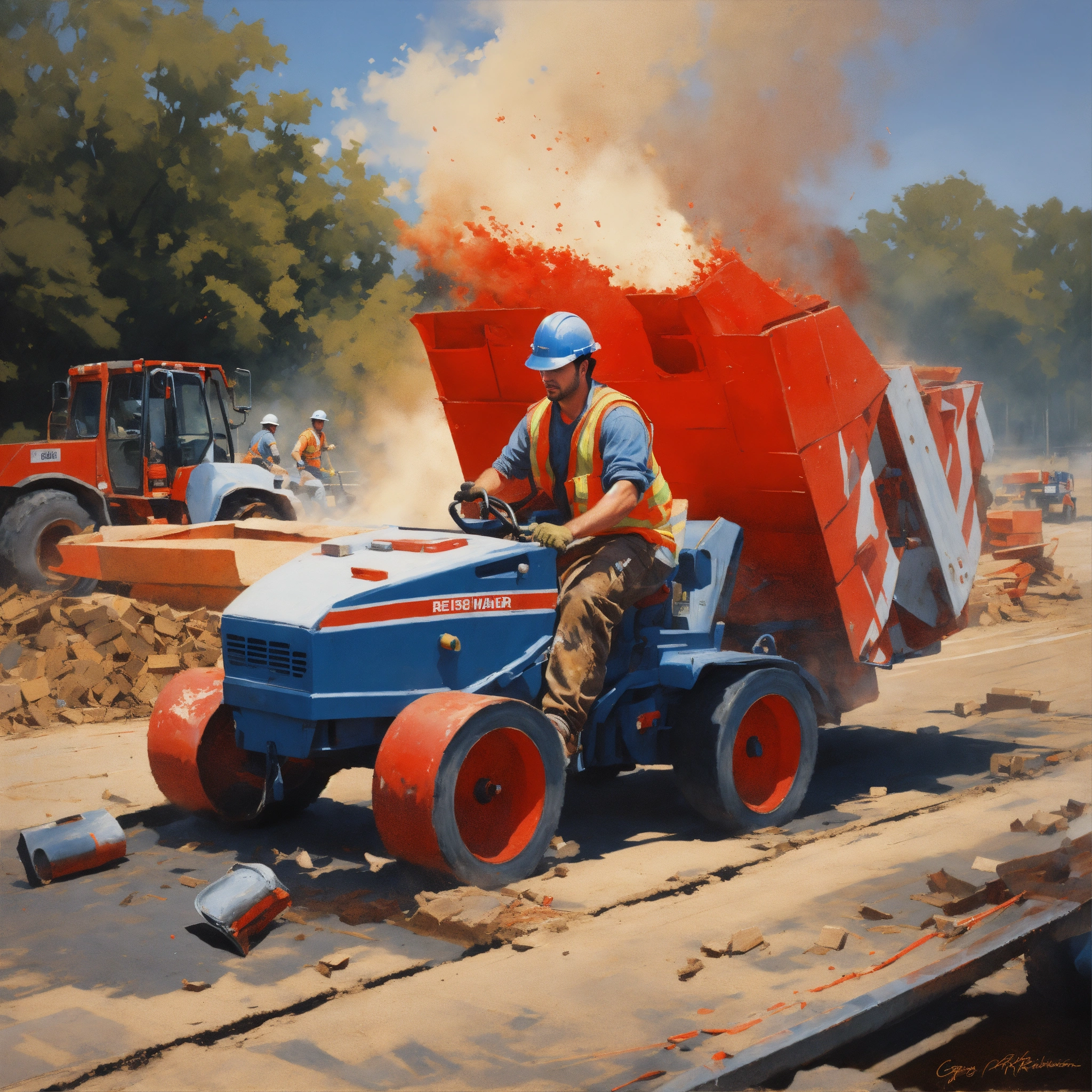 Lexica - Painting of a construction worker riding a asphalt paver into ...
