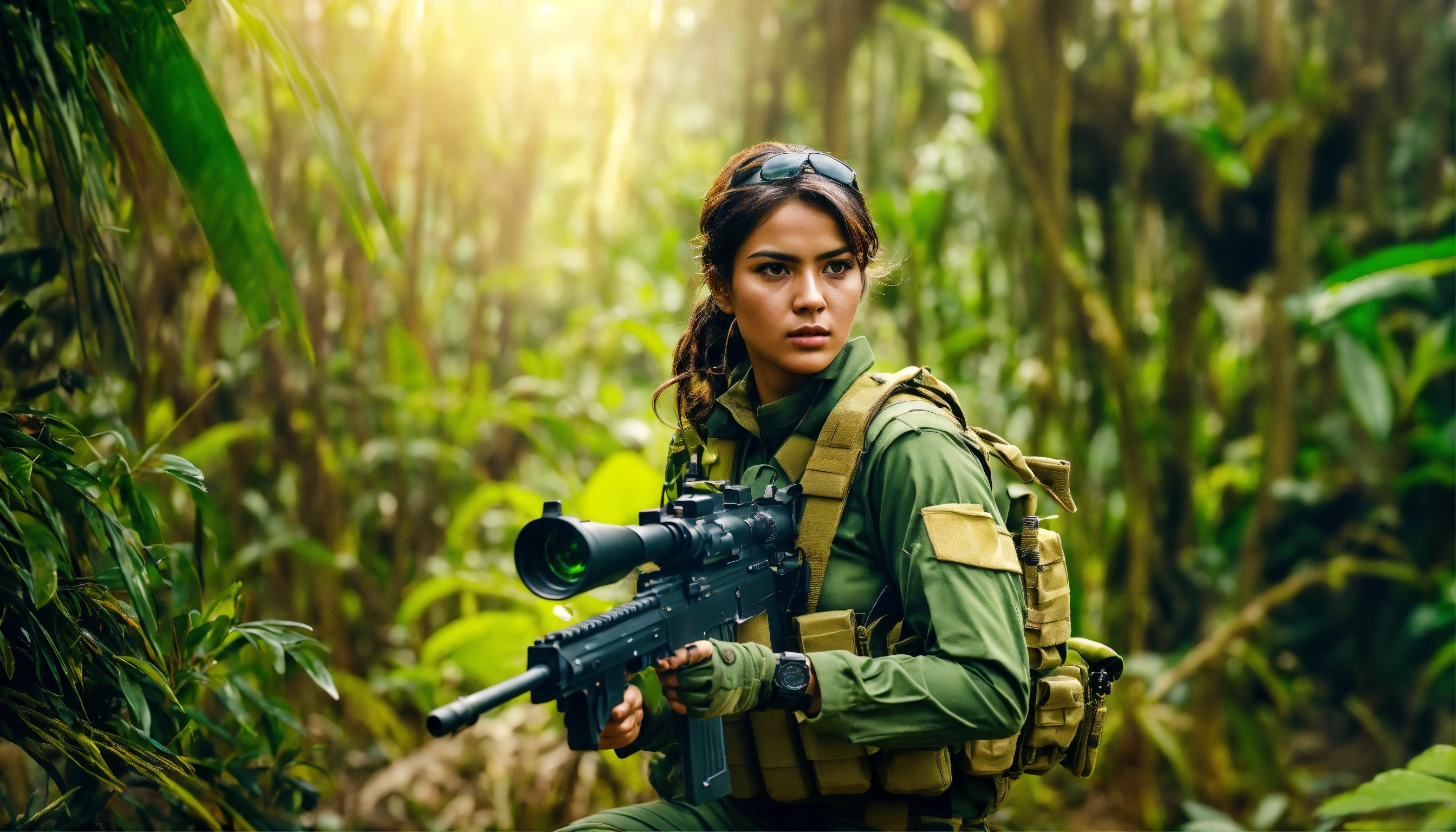 Lexica - Female commandos in jungle, perfect face, full camouflage, HDR ...