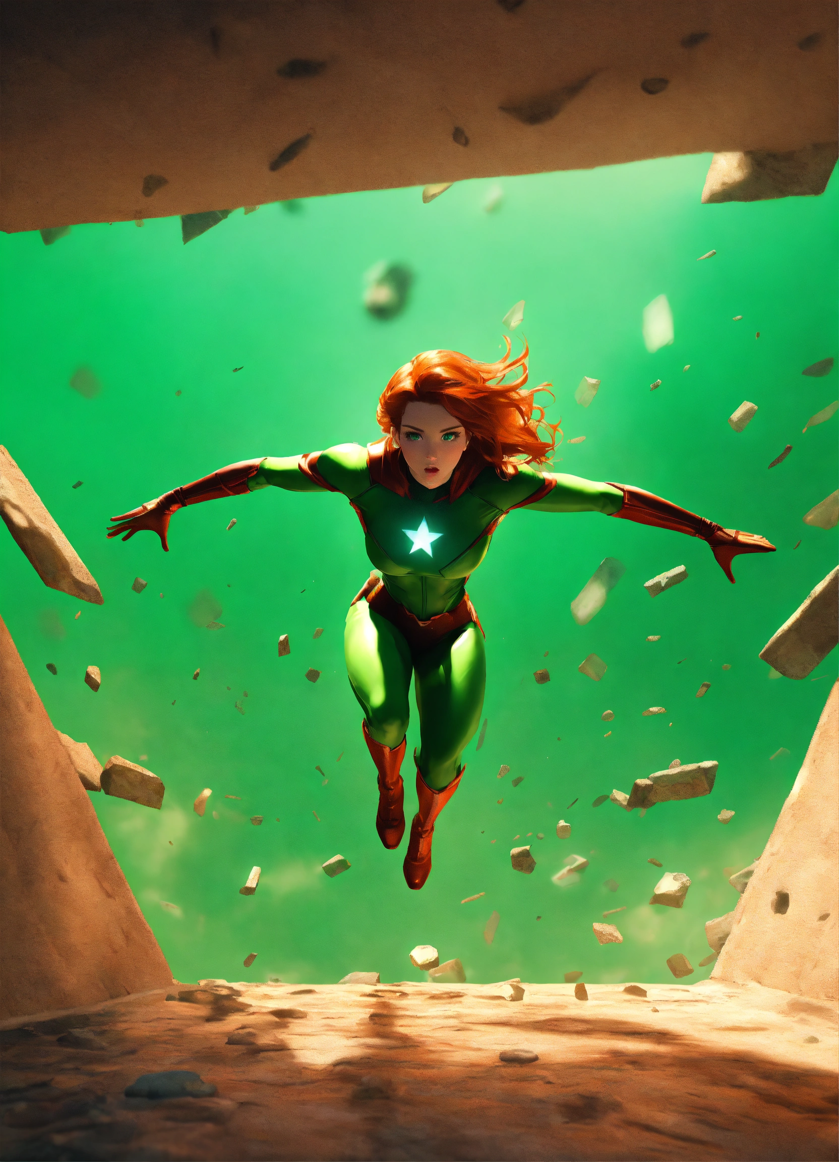 Lexica - Red-haired, green-eyed female superhero, floating down out of ...