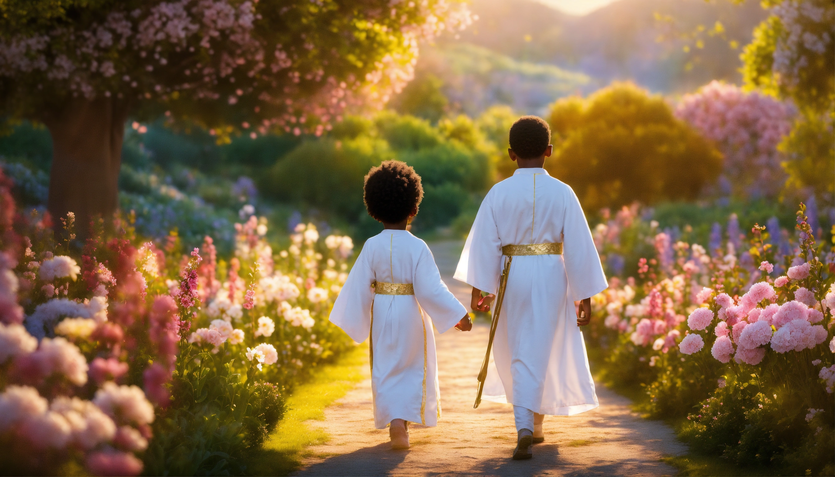 Lexica - Illustrate a view of Two children walking along a garden ...