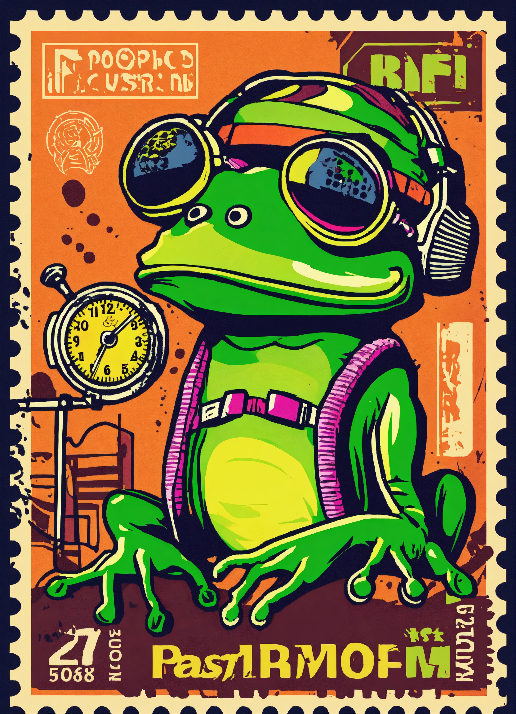 Lexica - Postage stamp Contour . Style pop art. rap . Hiphop frog. And ...