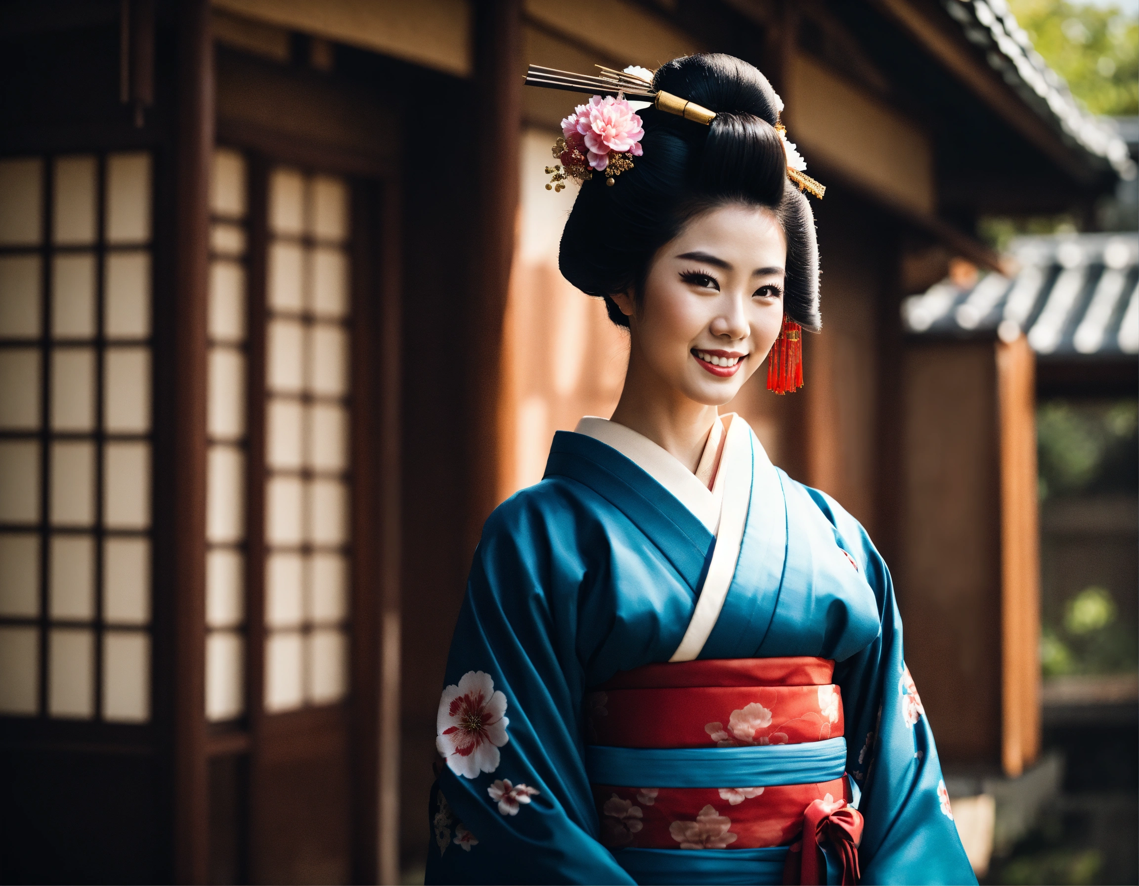Lexica - Realistic, a gorgeous smiling female geisha standing in front ...