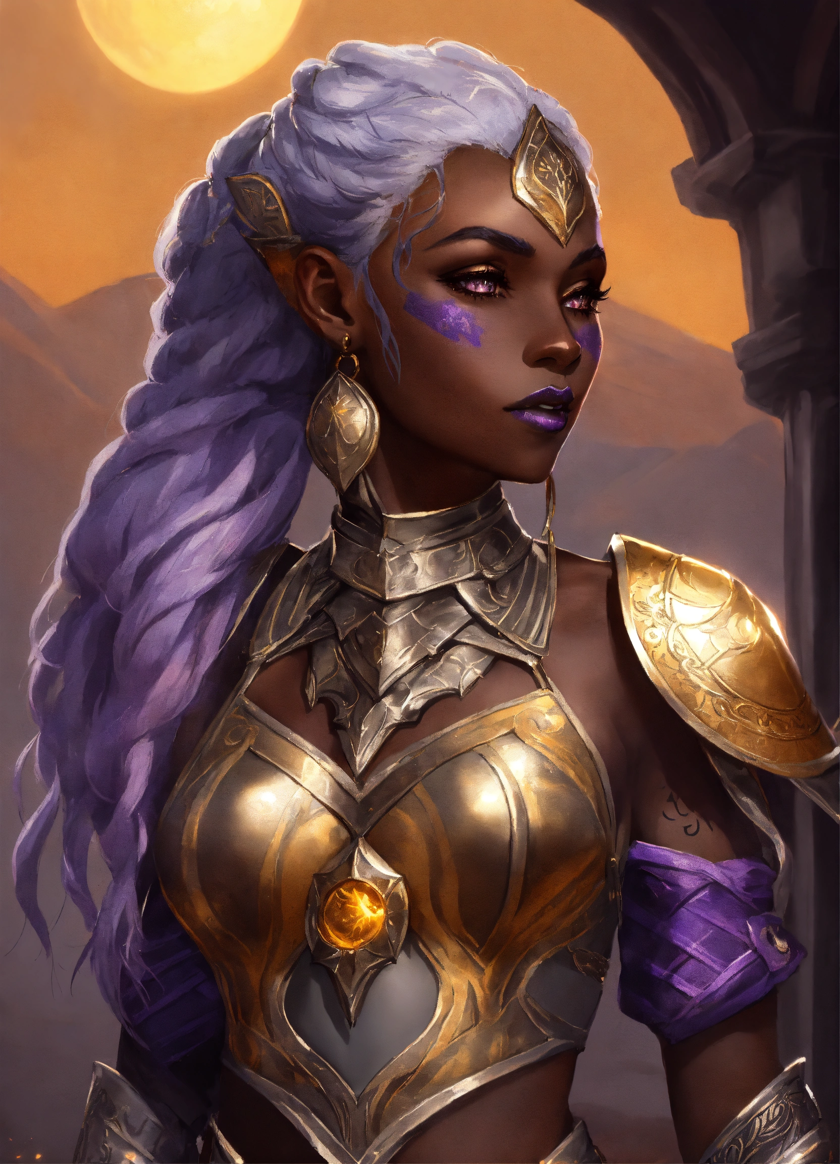 Lexica - A beautiful drow woman in sun themed armor. she has black braids and dark gray skin ...