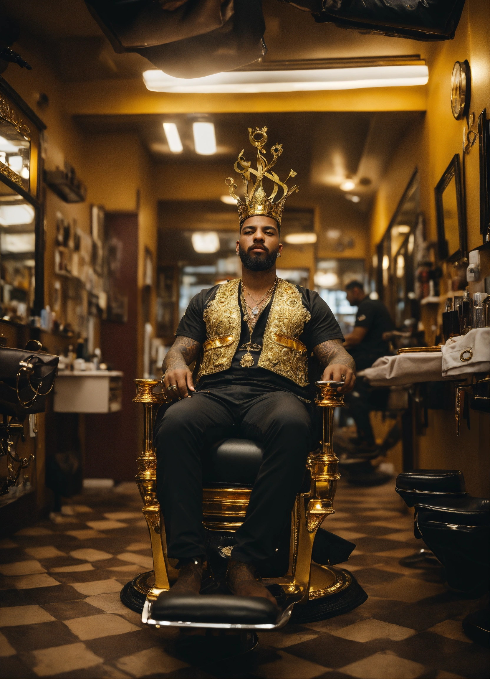 Lexica - A cool barberman with golden scissor and golden crown over his ...