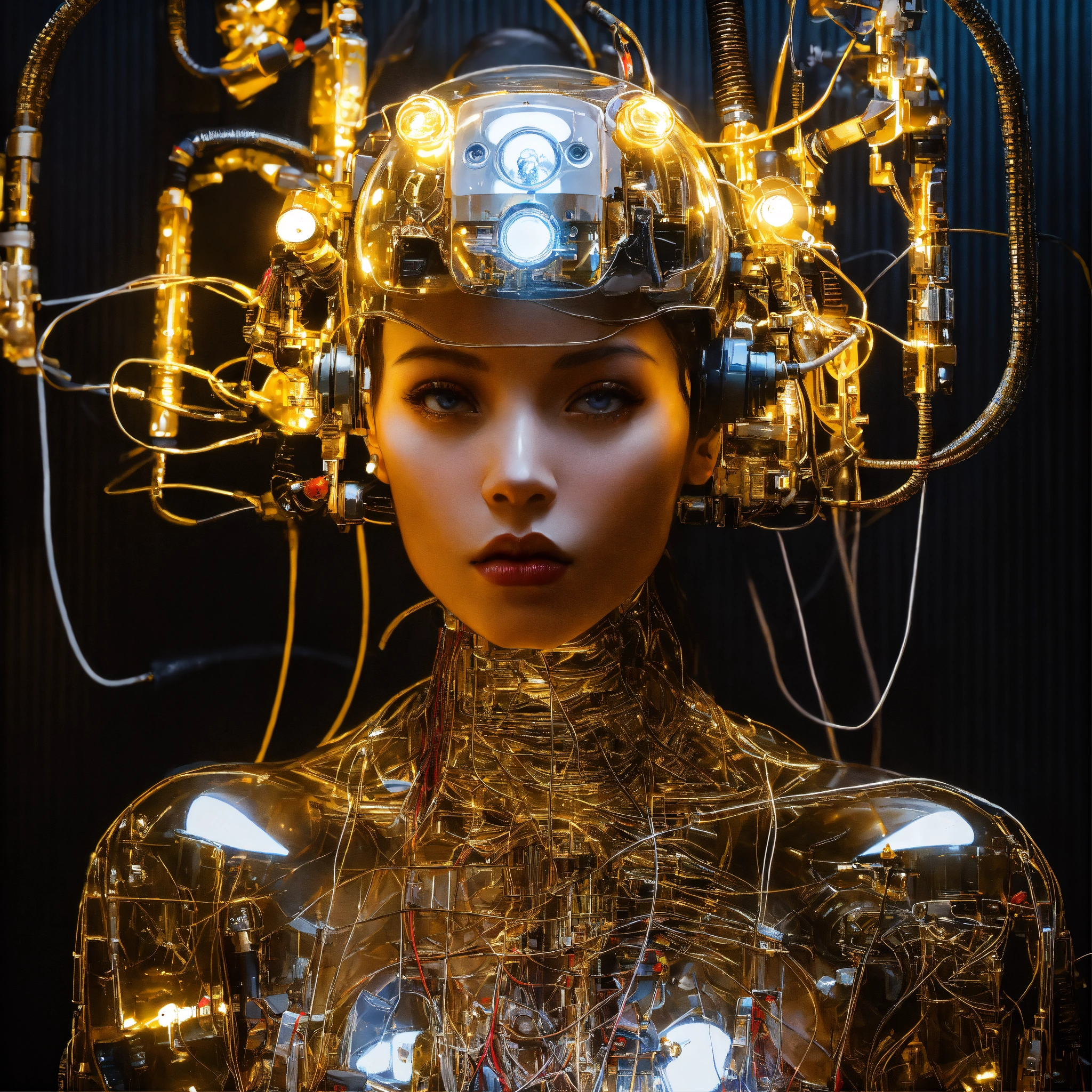 Lexica - Portrait Photography, in front of a black wall, a cyborg woman ...