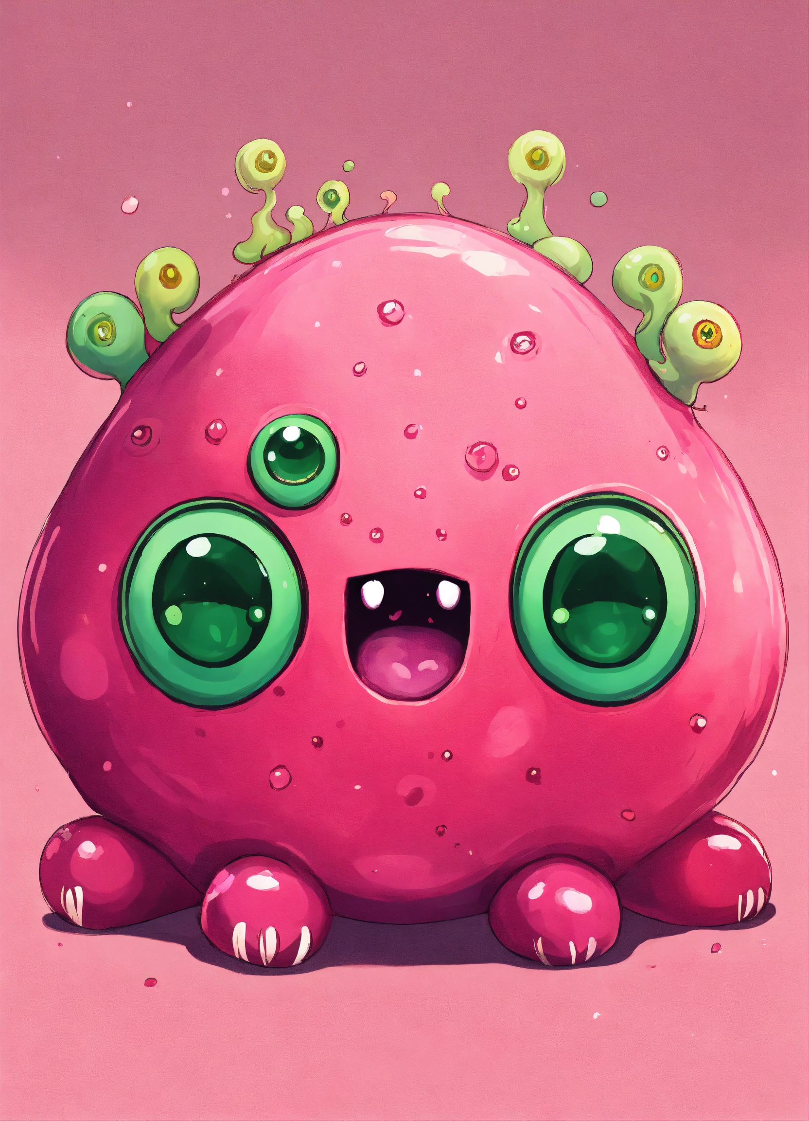 Lexica - A multi-eyed kawaii pink blob monster with skinny green tentacles.