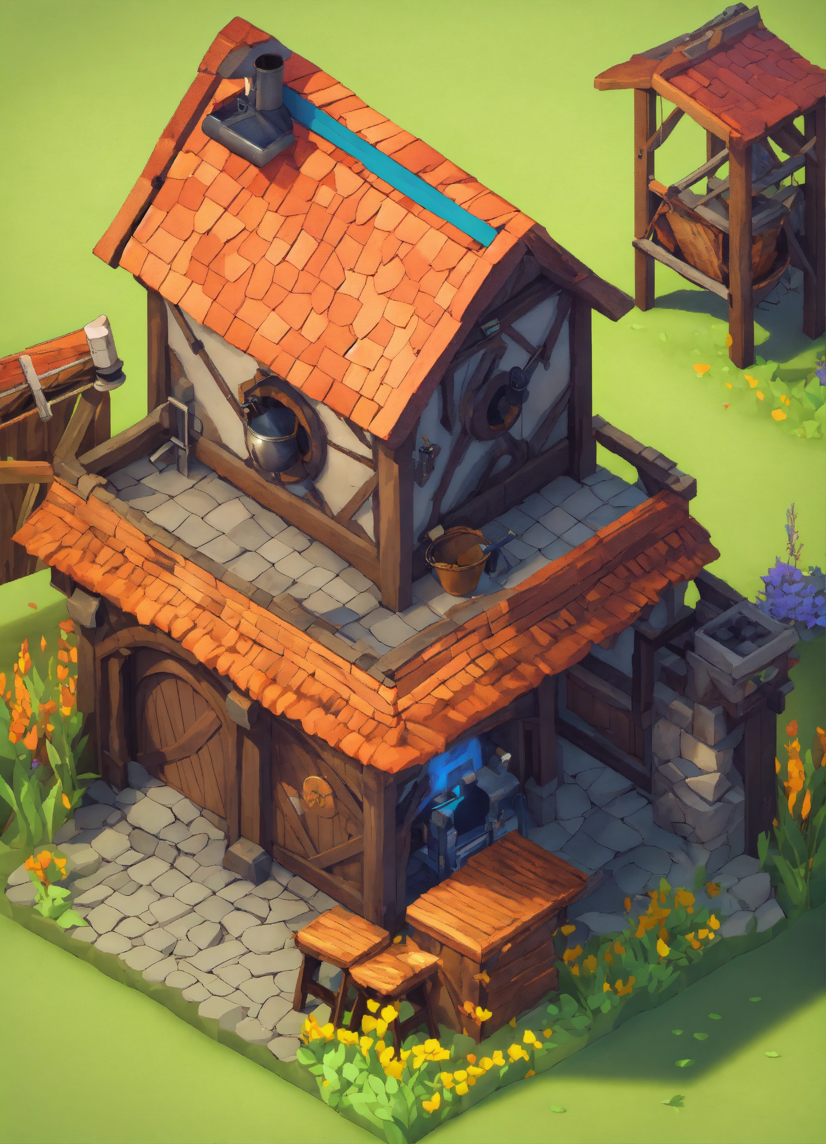 Lexica - Game art, blacksmith forge, isometric, full view, outside view ...