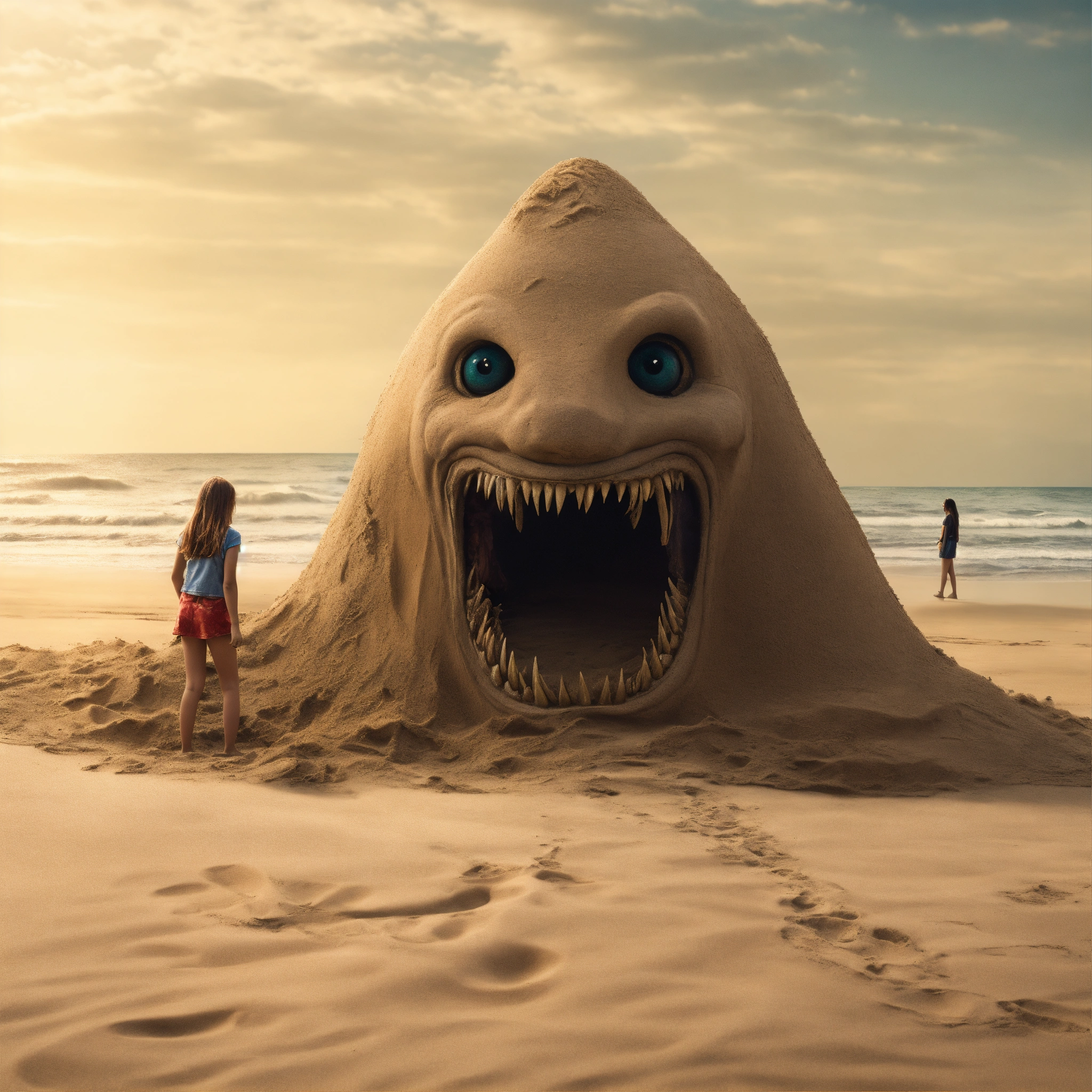 Lexica - Medium close-up, A monster under the sand on a beach, using ...