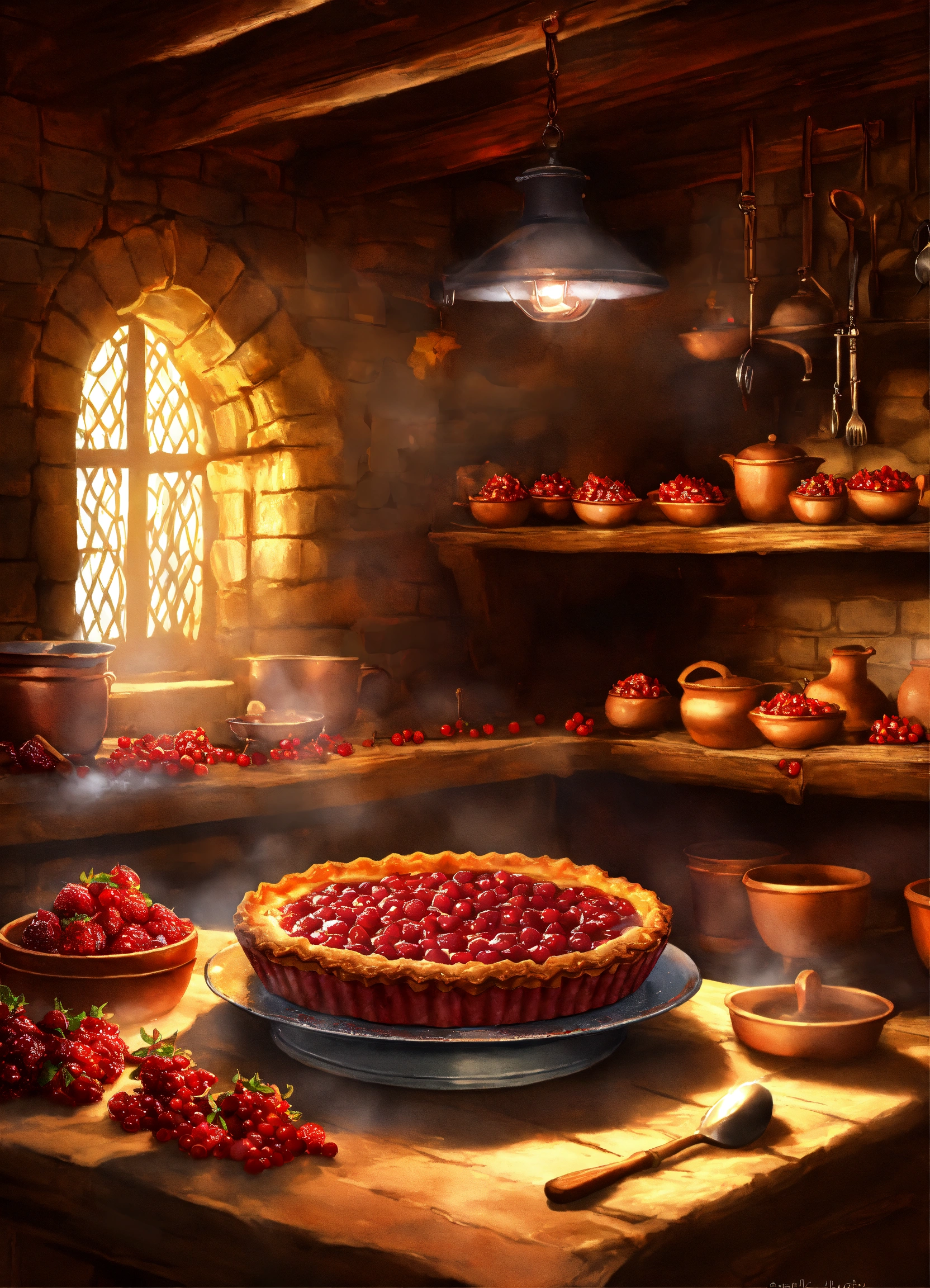 Lexica - Steaming red berry pie in medieval kitchen in digital art