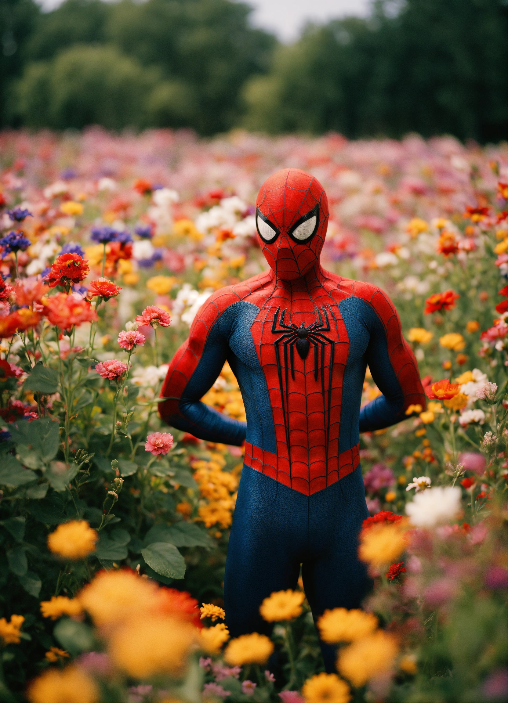 Lexica - Happy Spider-Man standing in a beautiful field of flowers ...