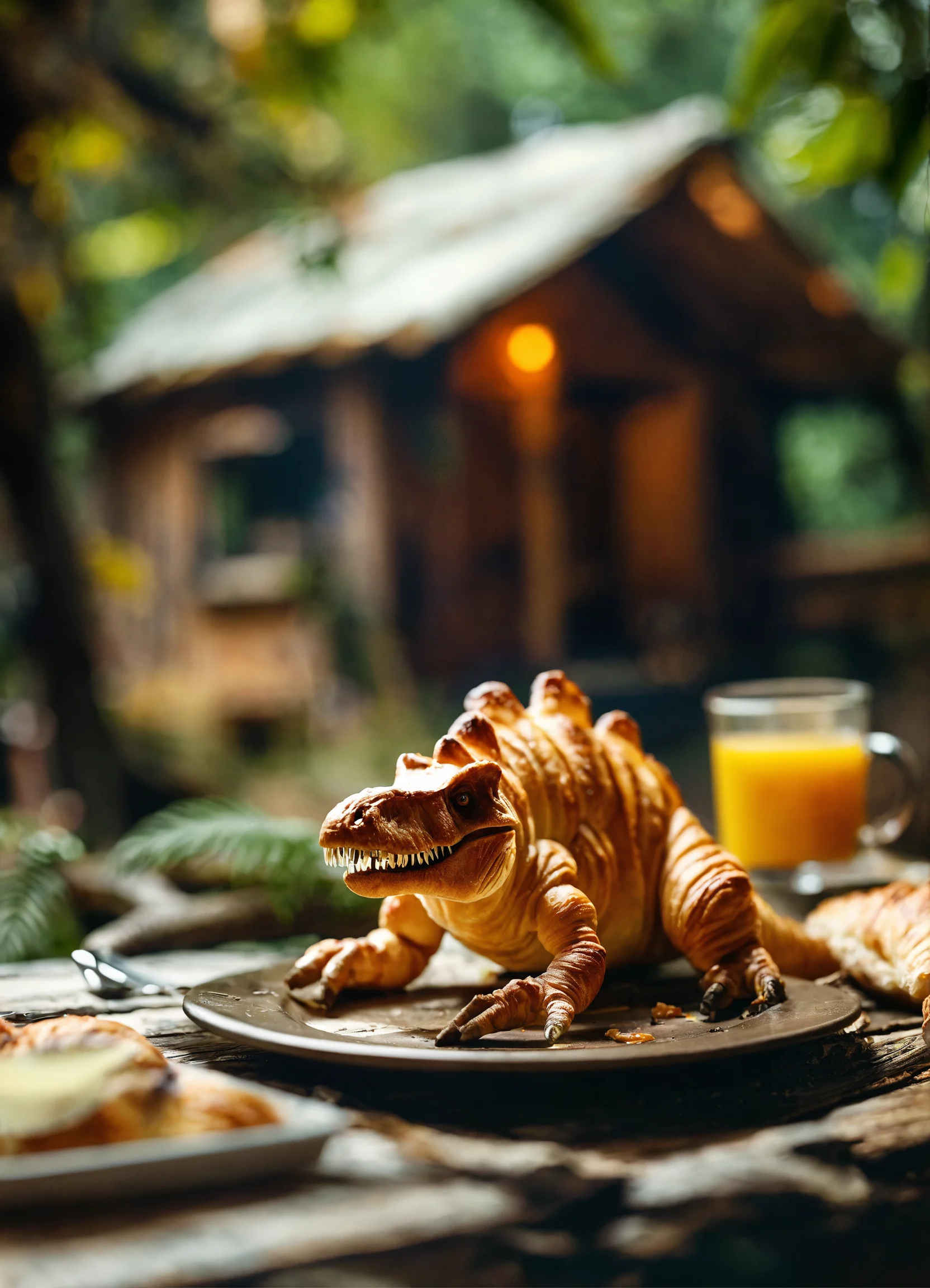 Lexica - A croissant Tyranosaurus Rex on a plate, a set breakfast table ...