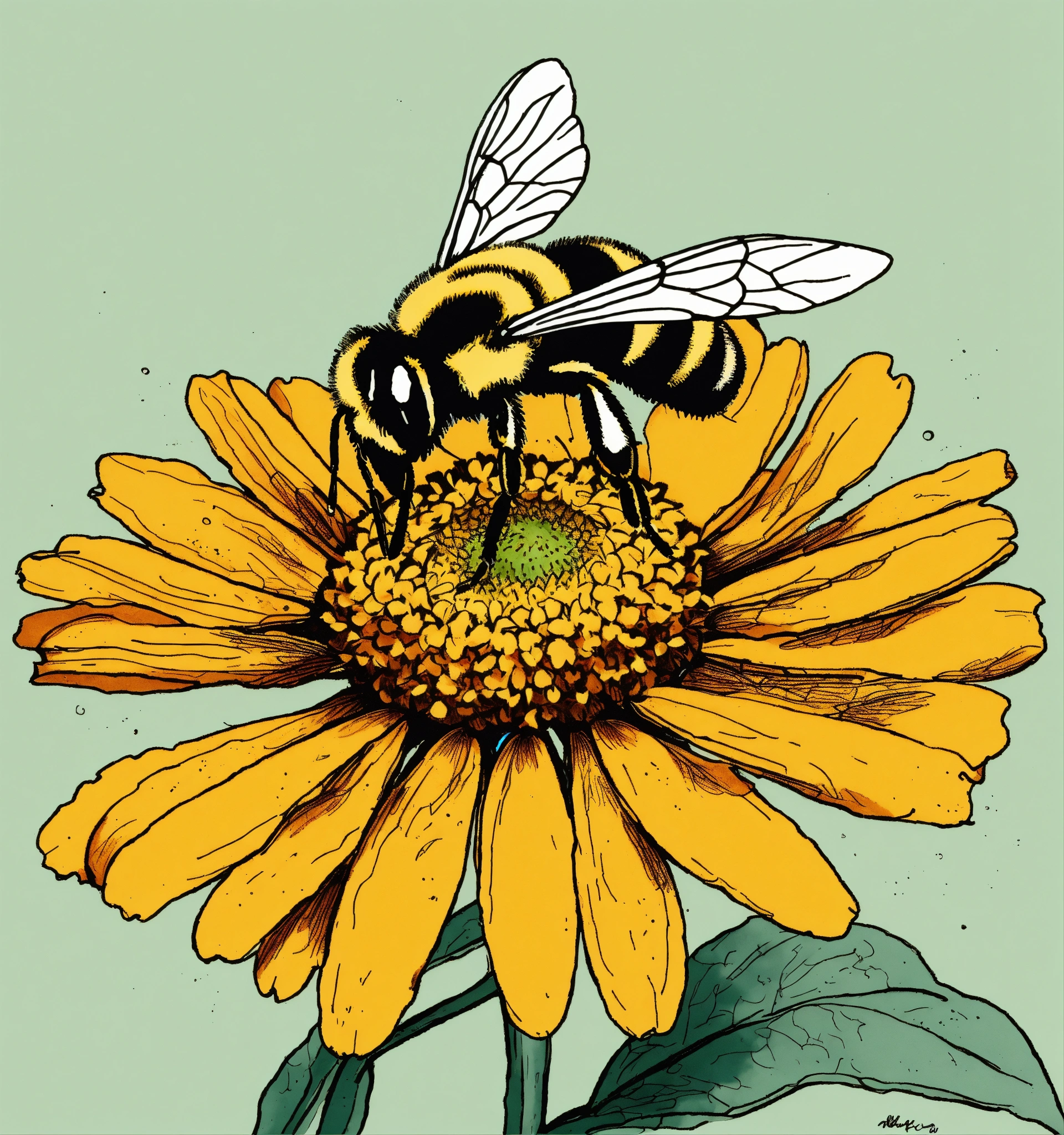 Lexica - Pen and ink sketch of one cute bee buzzing around a daisy ...