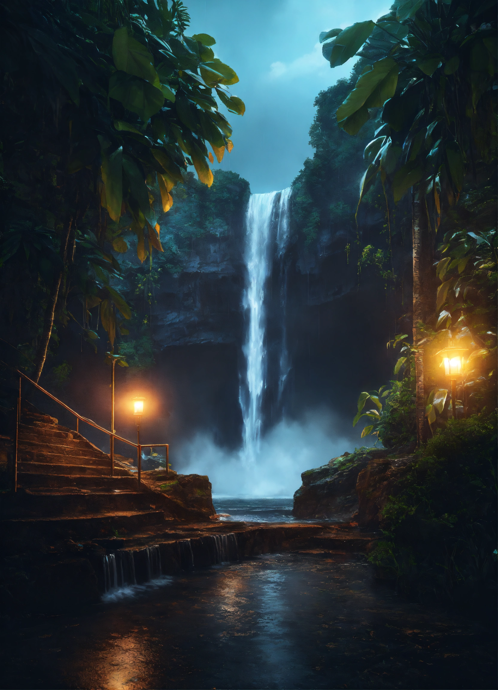 Lexica - Beautiful cozy waterfall with a view overlooking a cyberpunk ...