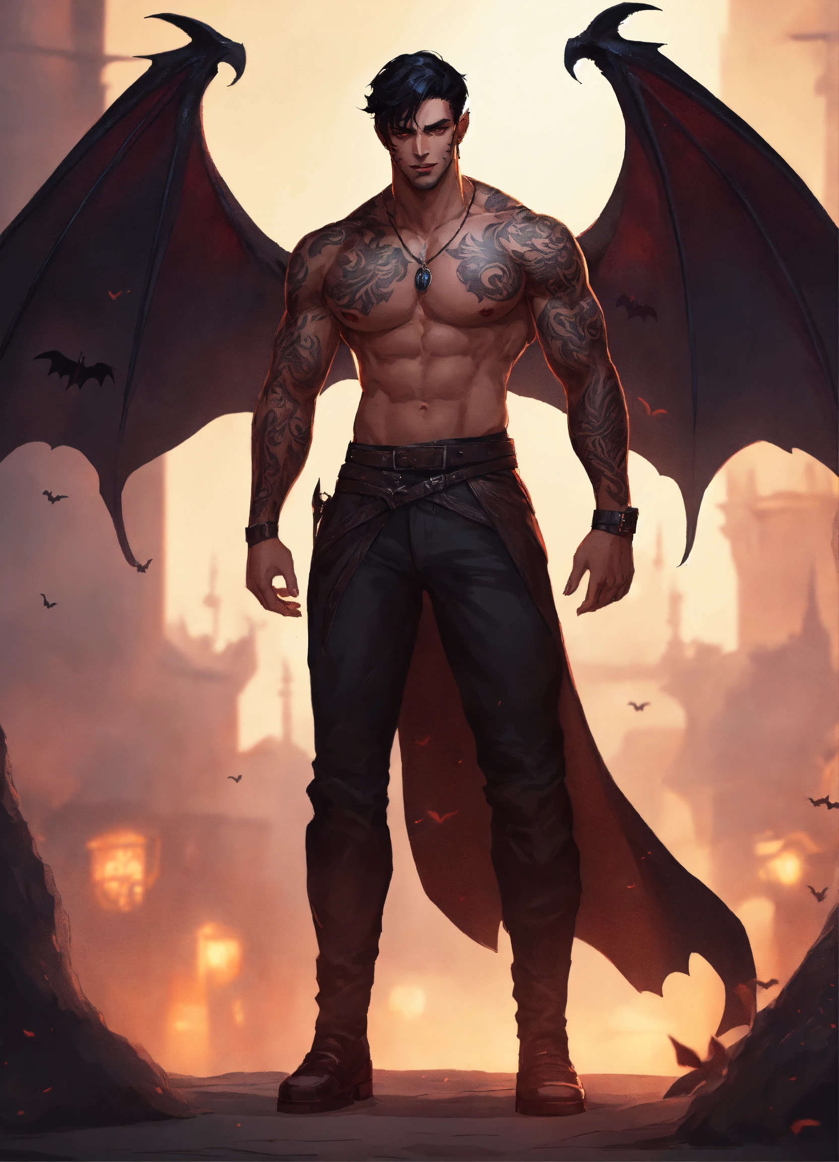 Lexica - A handsome half demon man with short black hair, dark eyes and ...
