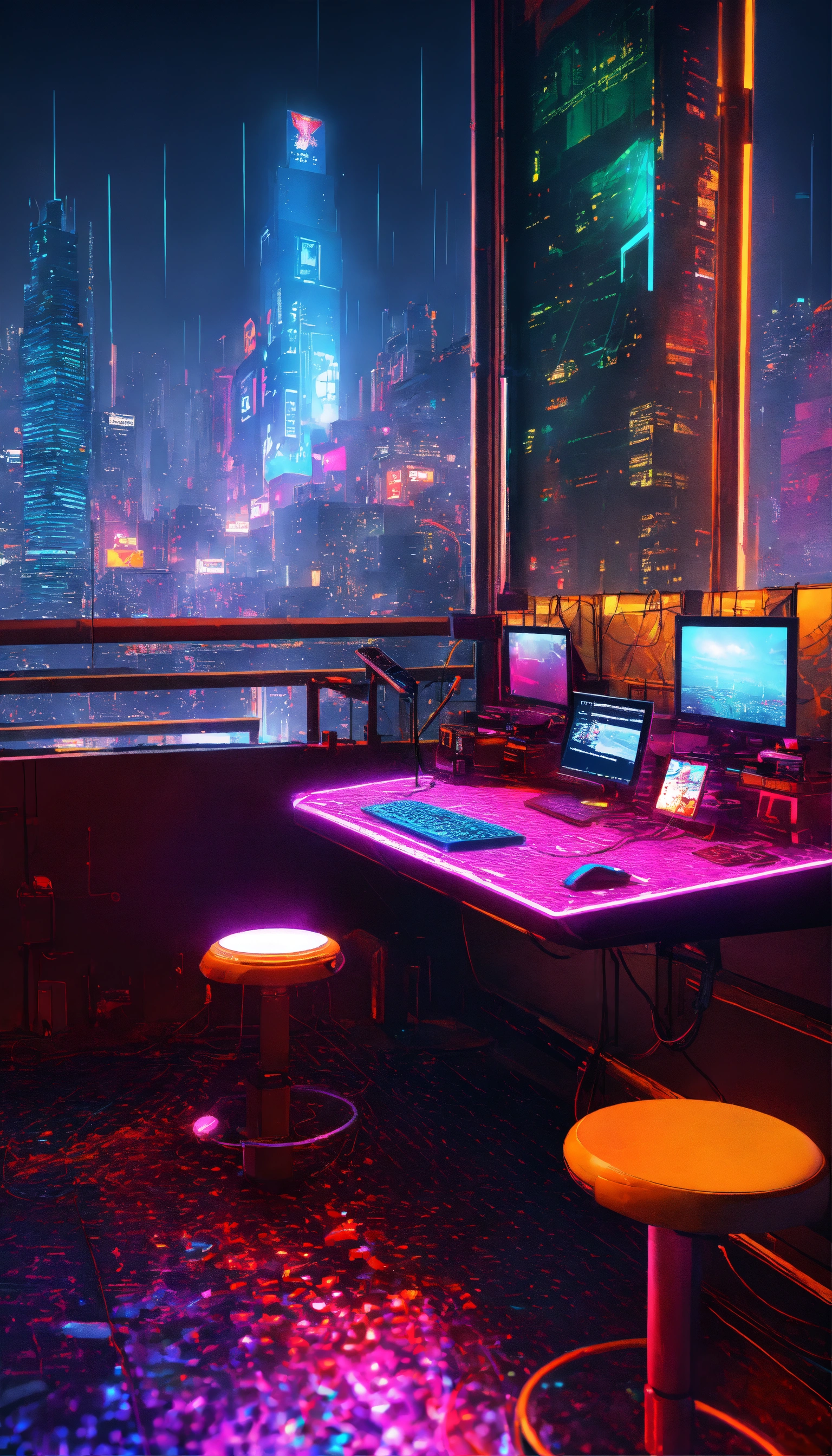 Lexica - A cyberpunk themed balcony at night, illuminated by neon ...