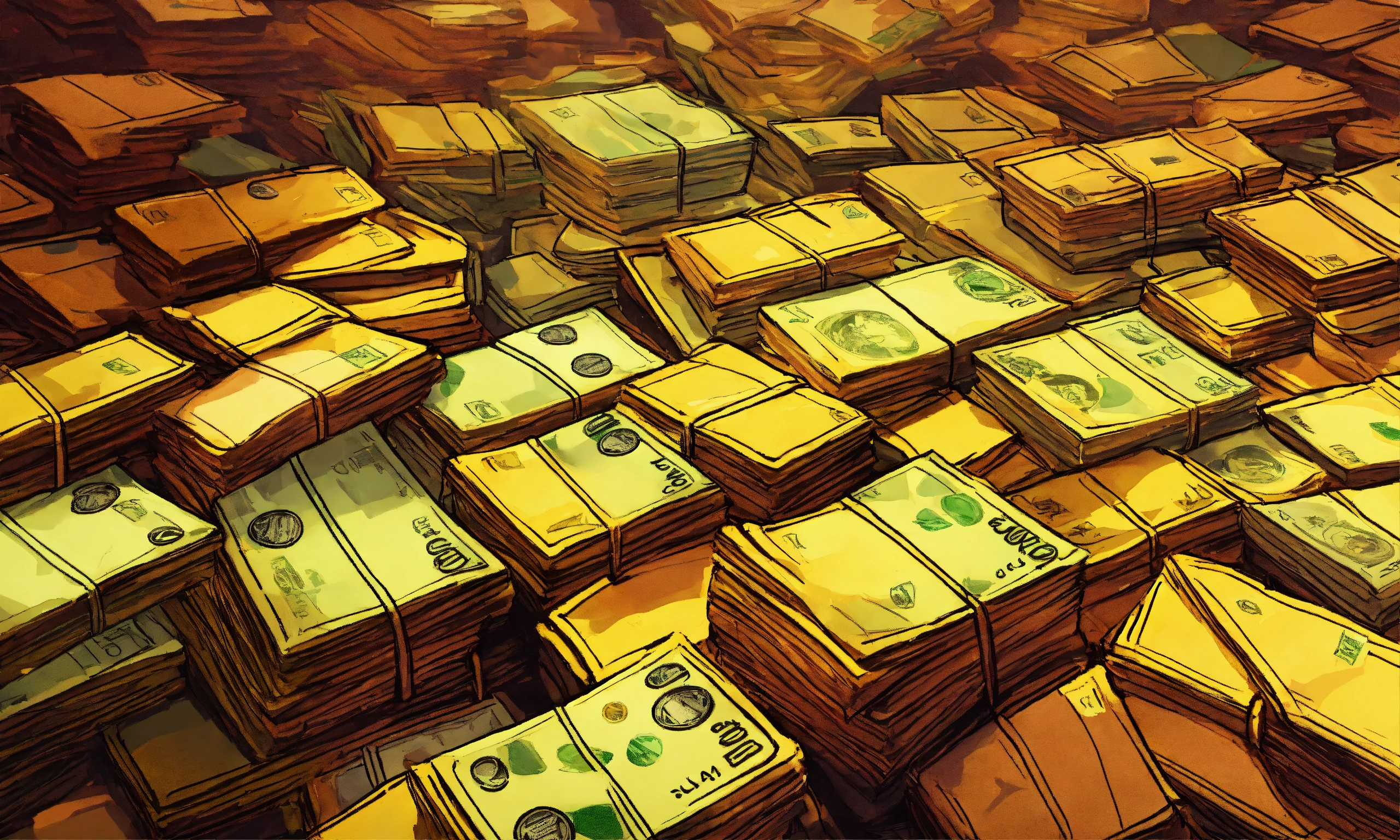 Lexica - A hand drawn painting of many stacks of money on a big table ...