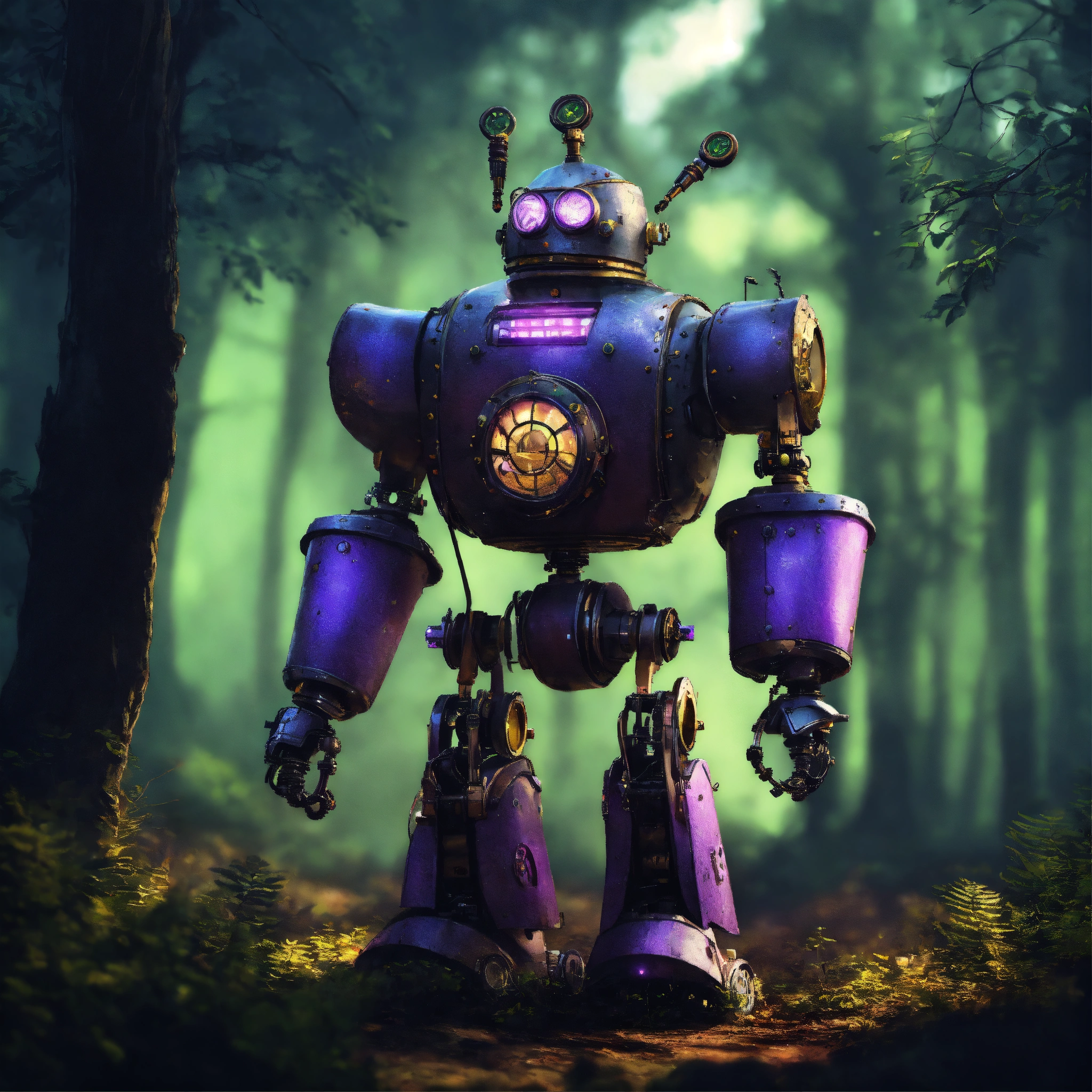 Lexica - Steampunk robot with purple mustache, full body shot, forest ...