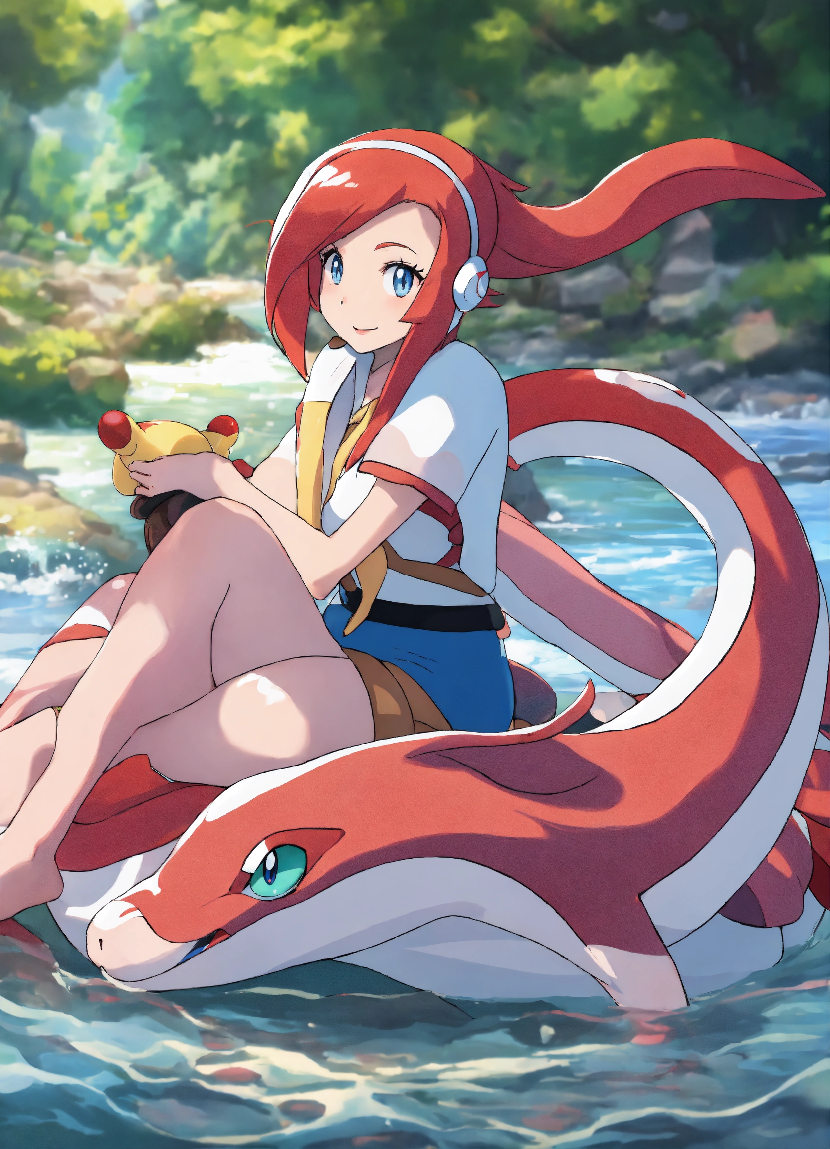 Lexica - Female redhead pokemon trainer riding milotic in a river