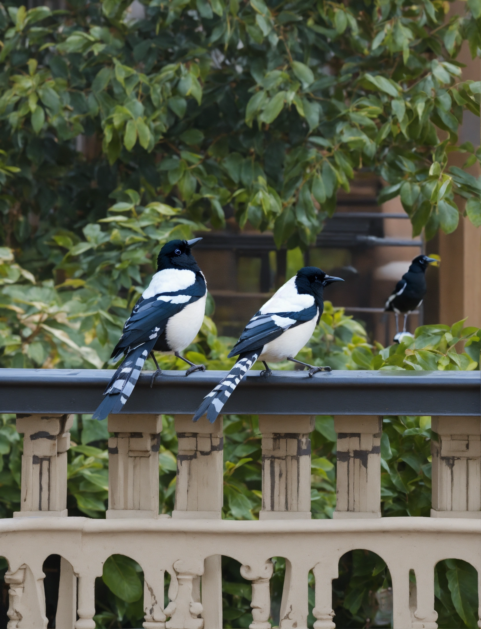 Lexica - 2 magpies facing another magpie, standing on a balcony rail ...