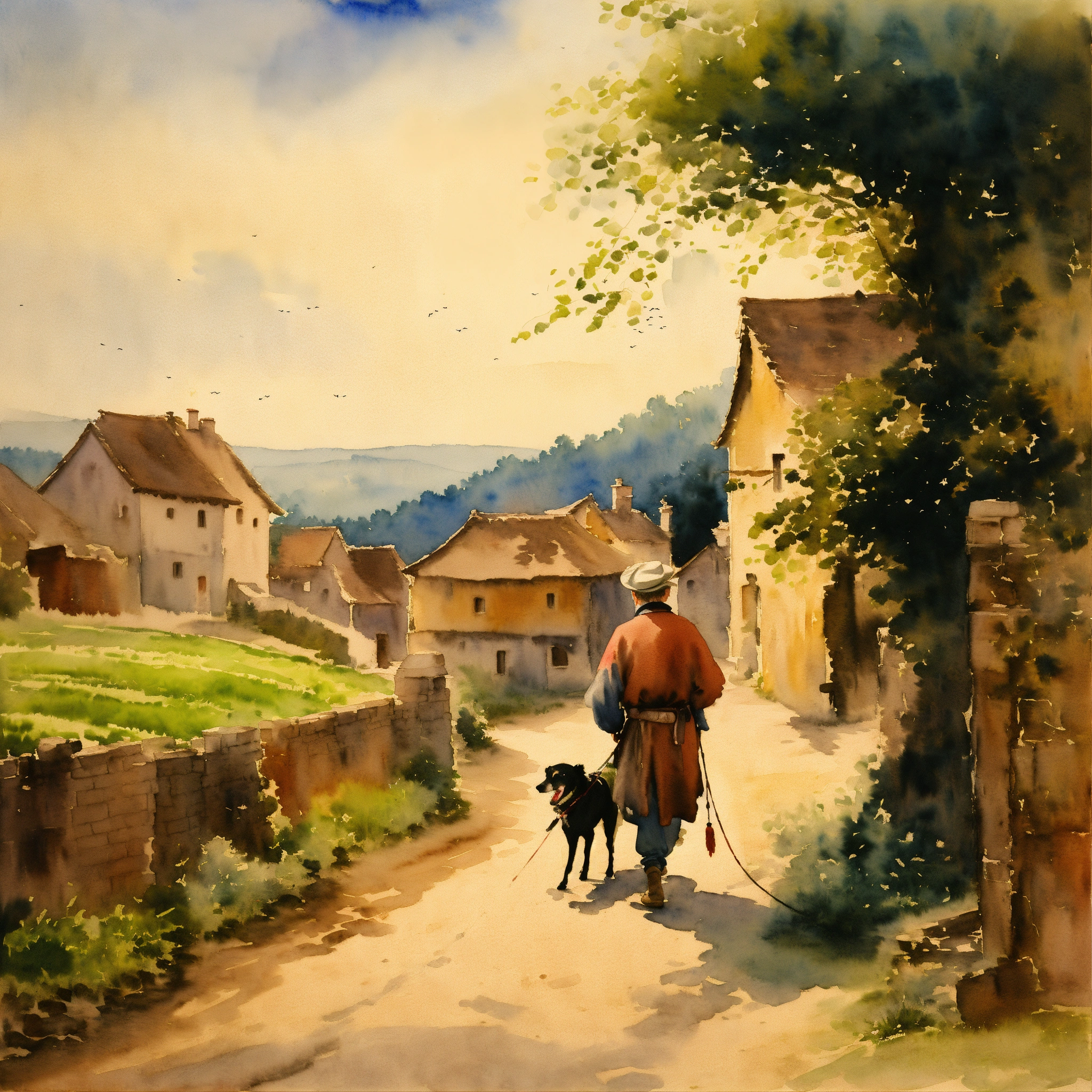 Lexica - Watercolor, merchant with his dog walking towards a village