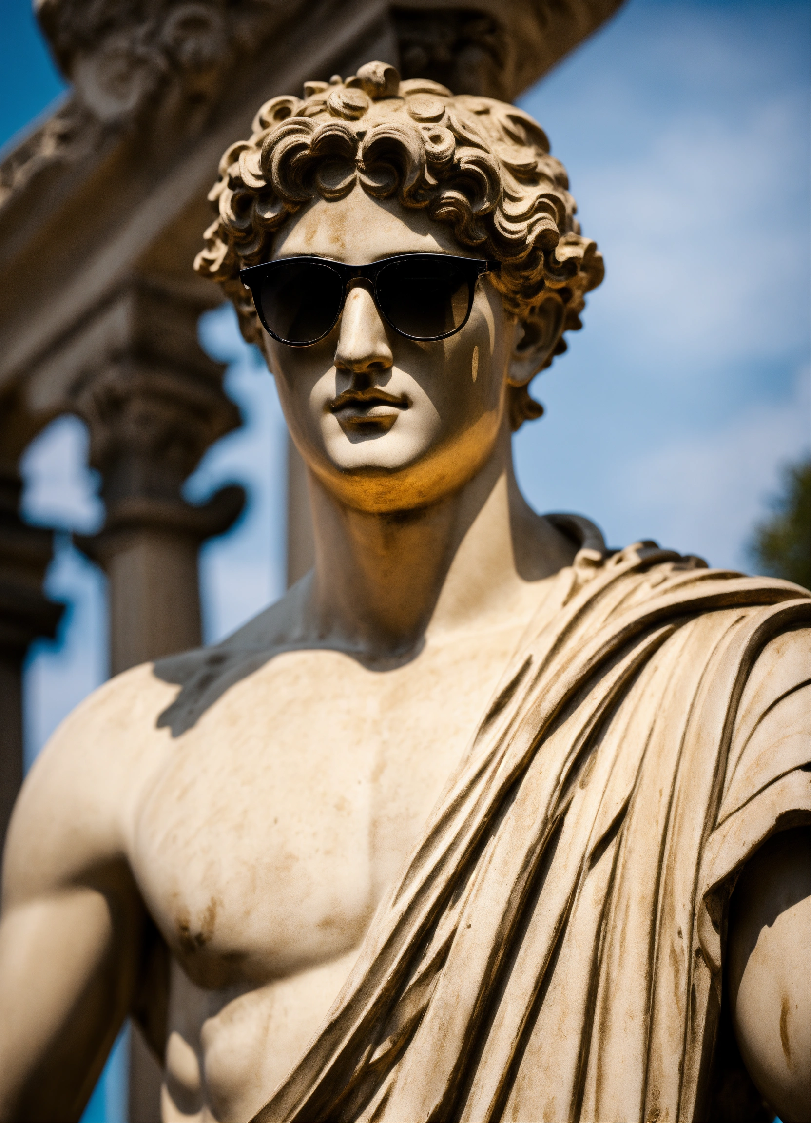 Lexica - A Young Greek God Statue wearing a black sunglass