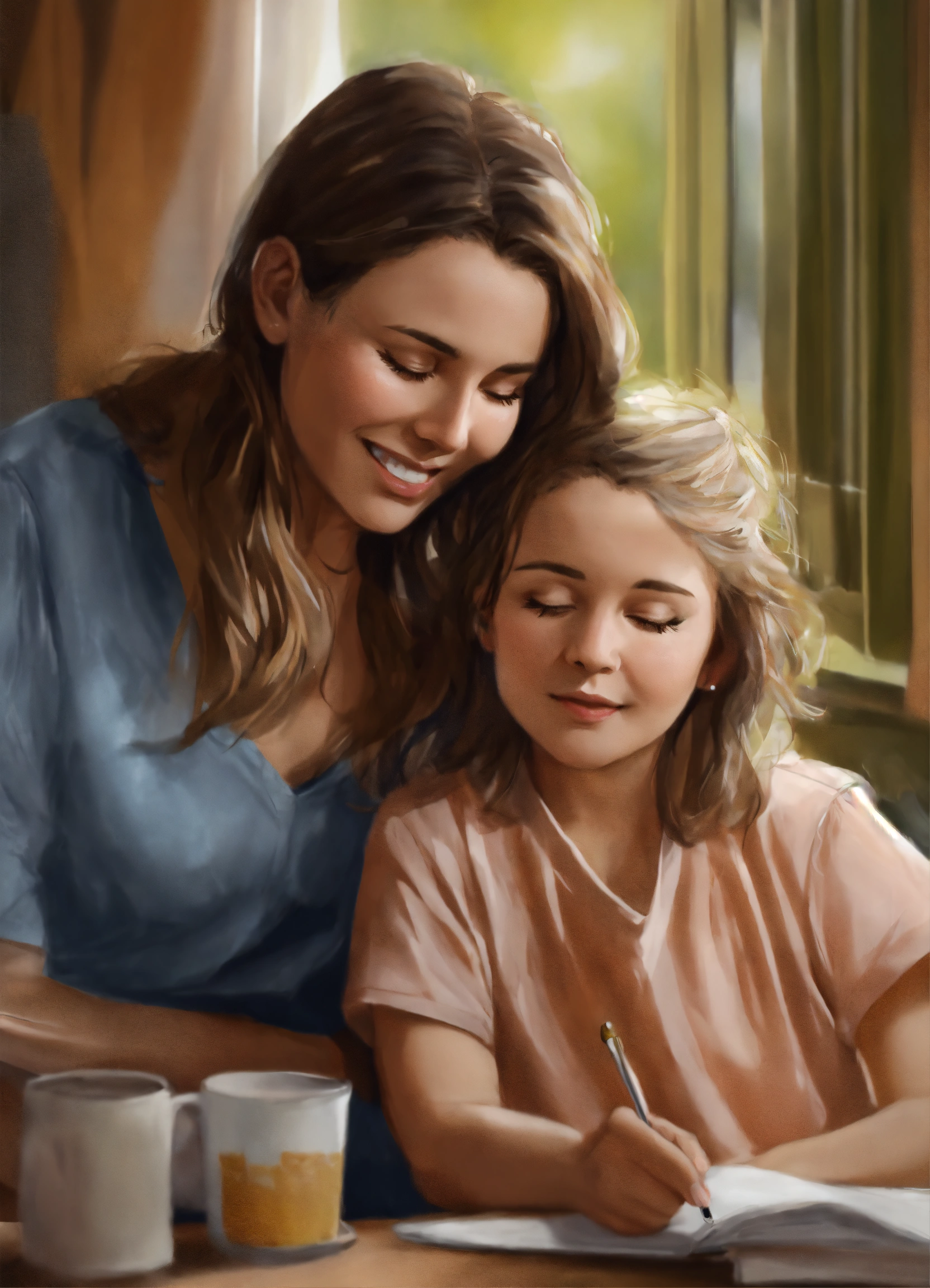 Lexica - Realistic sketch of a mum advises another mum