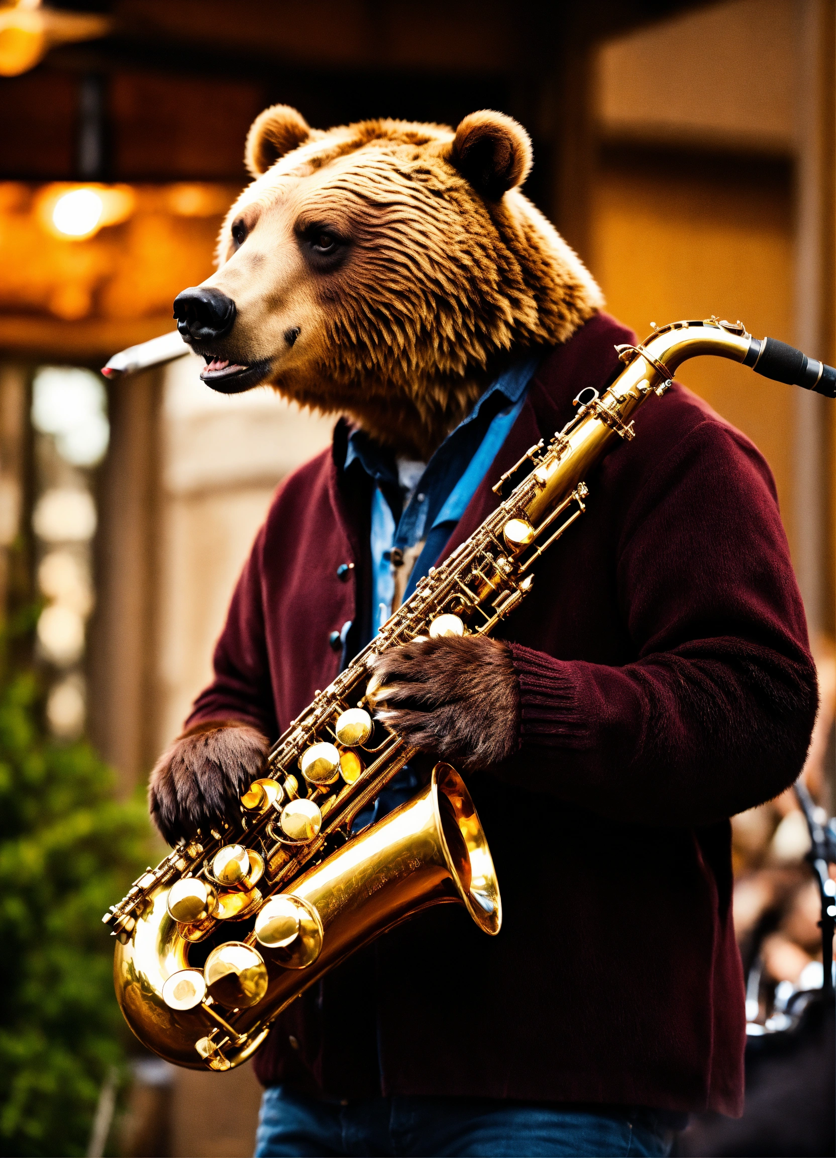 Lexica - Grizzly bear holding saxophone, best quality, real picture ...