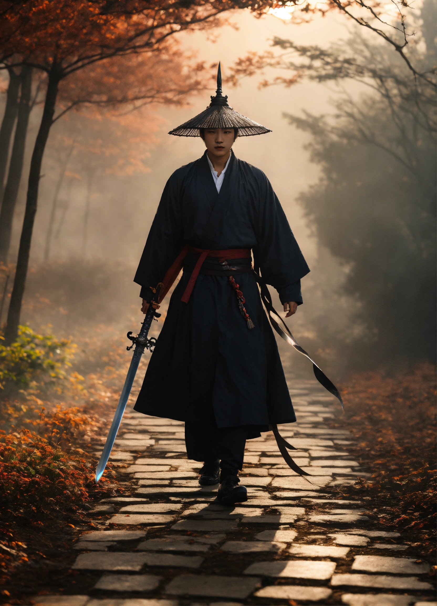 Lexica - Hwang Hyunjin carrying a shadow sword through the mist
