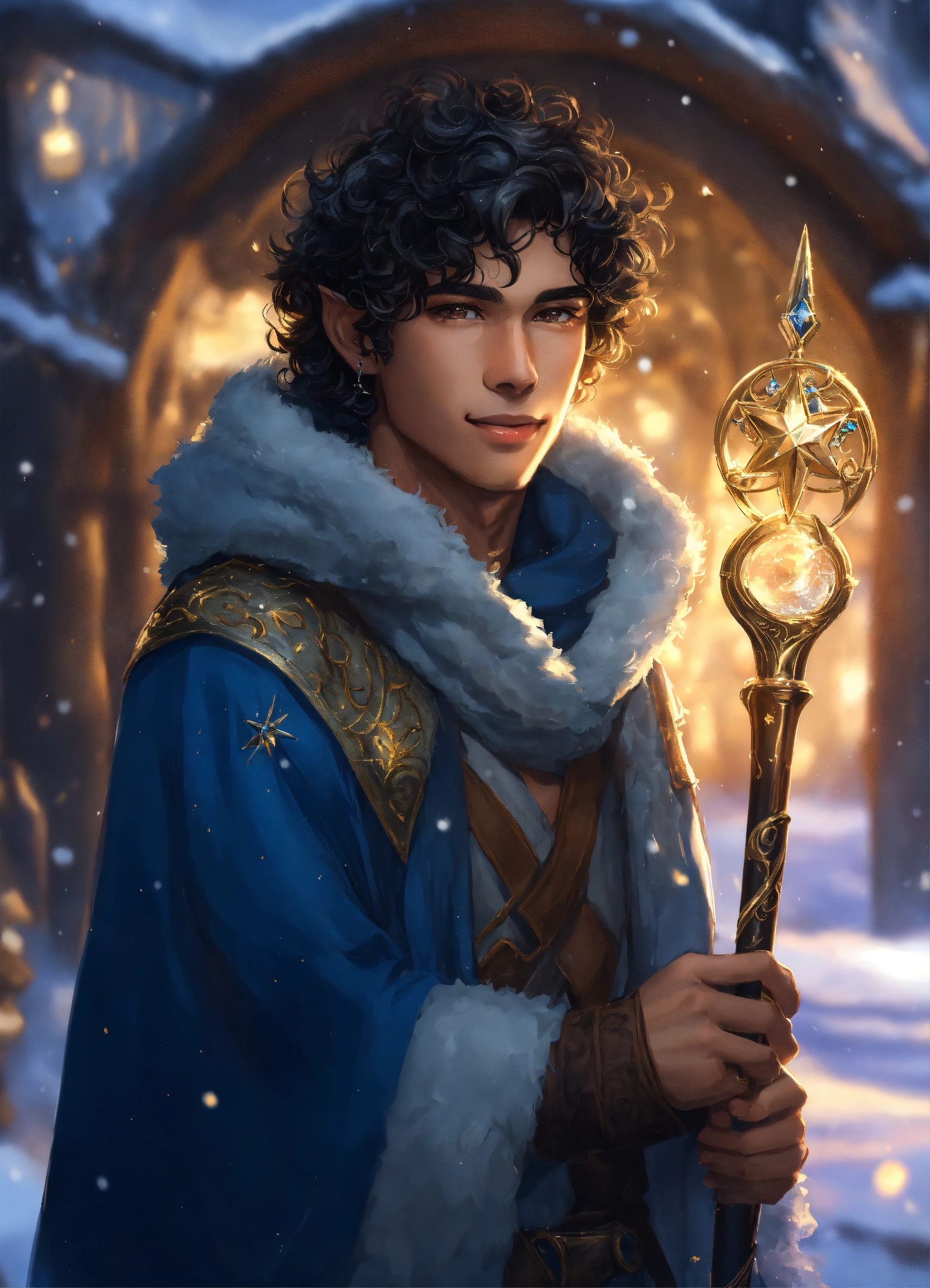 Lexica - Close up, 25 year old elf man, curly black hair, tan skin ...