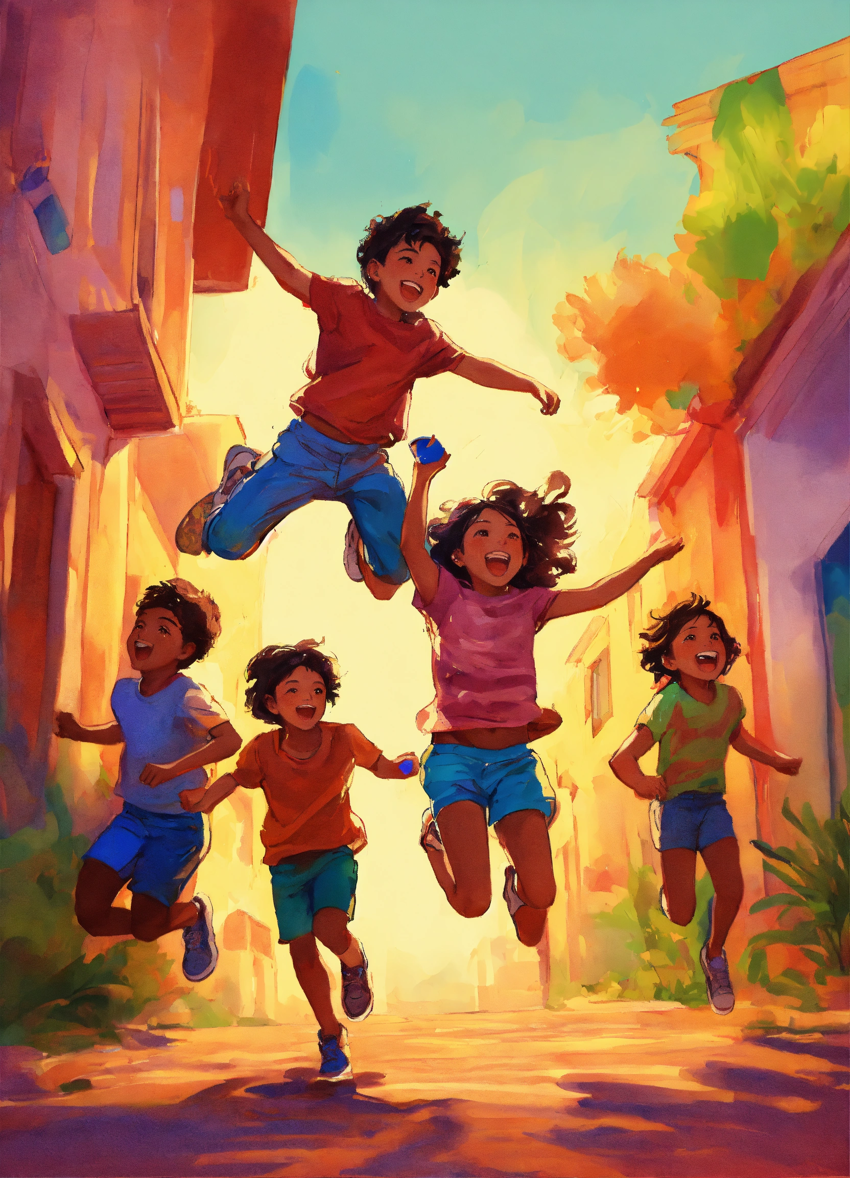 Lexica - A hand drawn painting of a group of Latino children, jumping ...