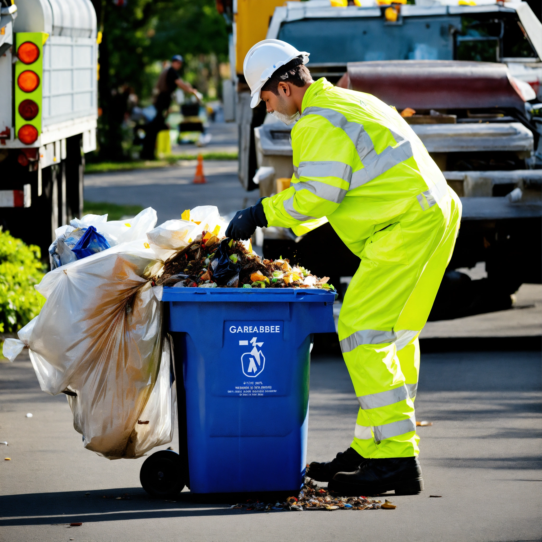 Lexica - Stock images of a garbage man emptying garbage bins in high ...
