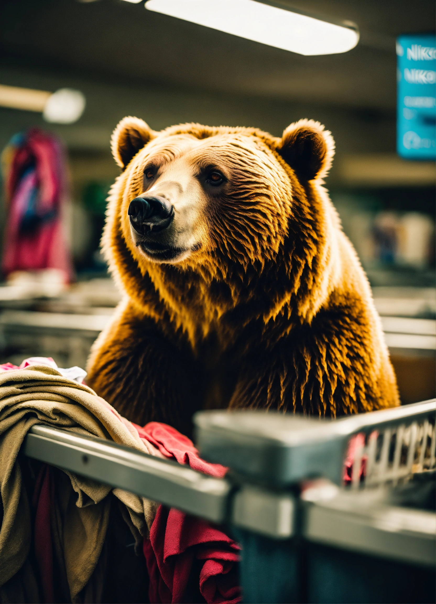 Lexica - Grizzly bear holding folded clothes, laundromat, best quality ...
