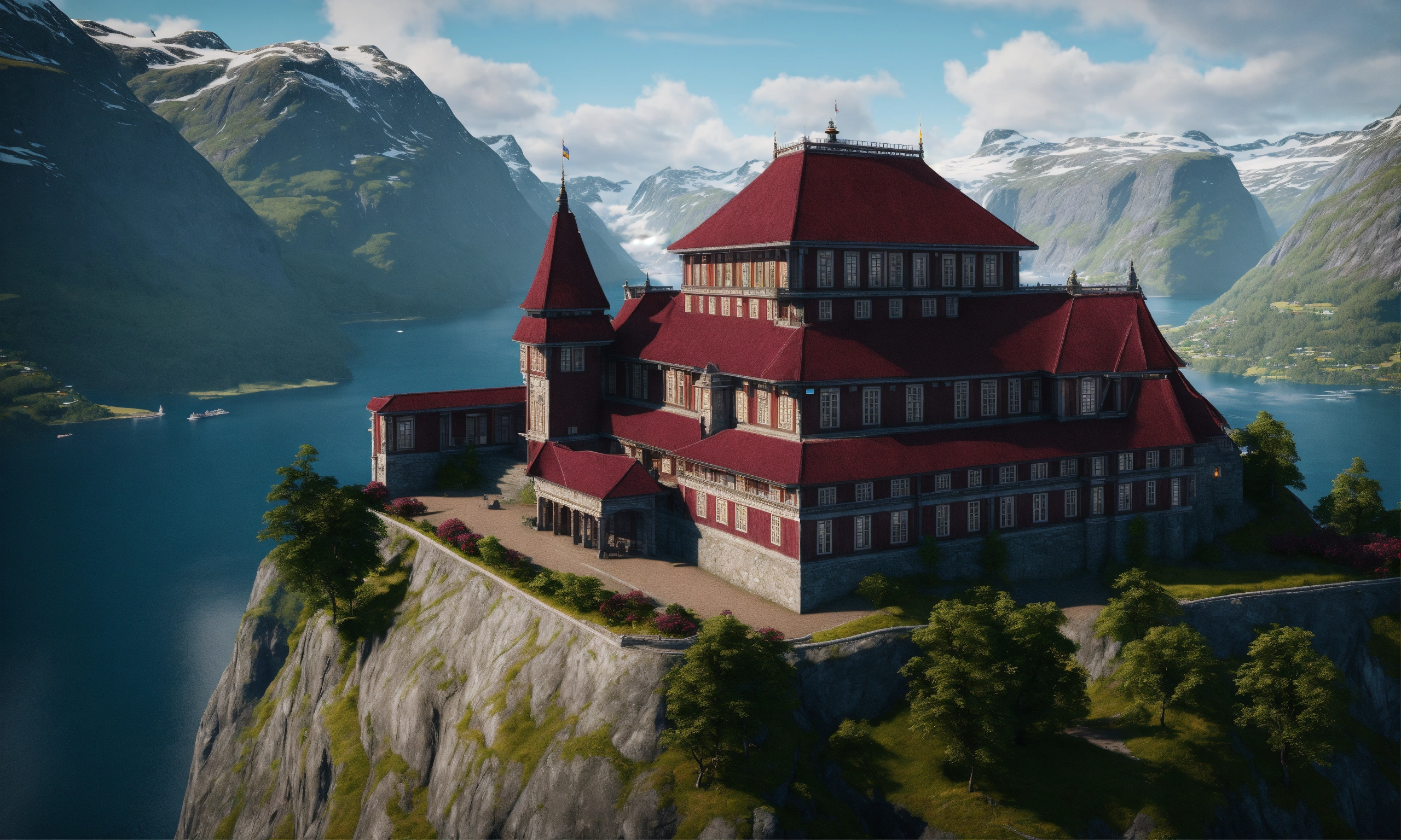 Lexica - Full image of a massive royal palace with a maroon roof on a cliff overlooking a Fjord ...