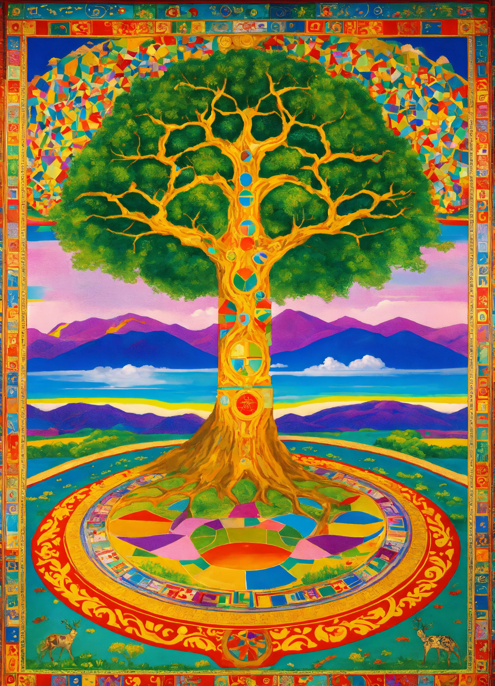 Lexica - The tree of life in Tibet with rainbow geometrical shape flooring