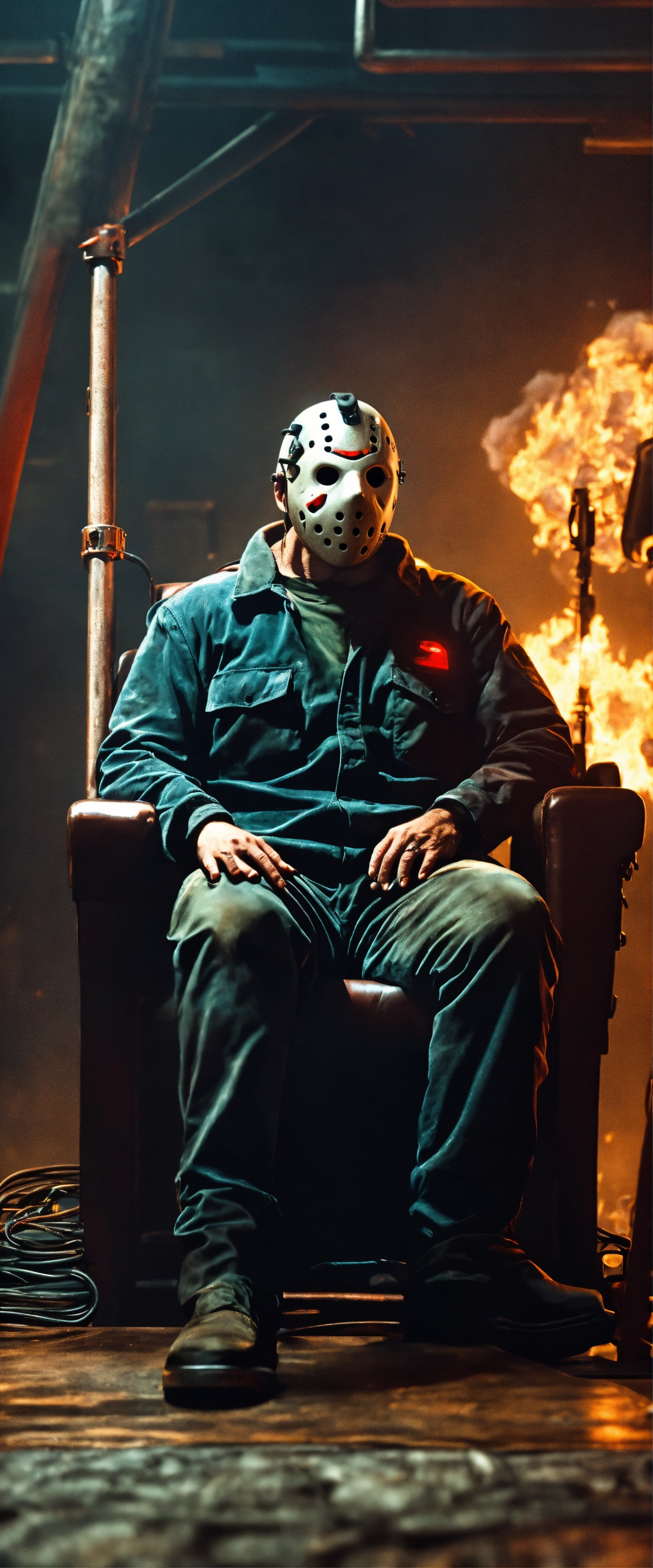Lexica - Jason Voorhees sitting on an electric chair in the foreground ...