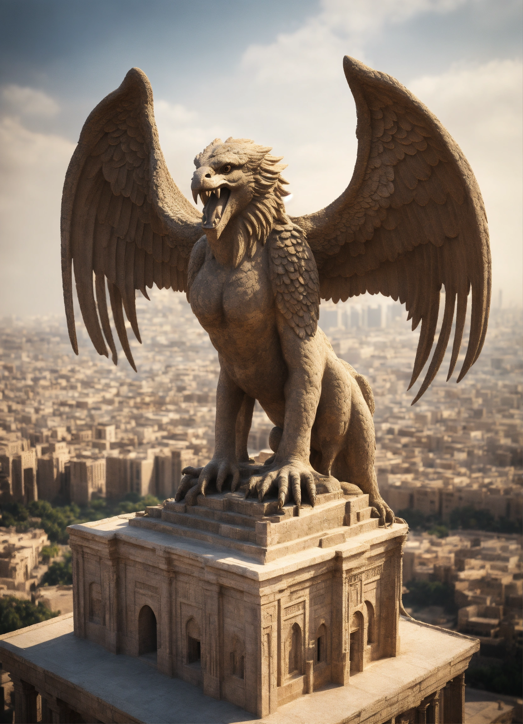 Lexica - Stone statue of winged monster over Arab city , realistic ...